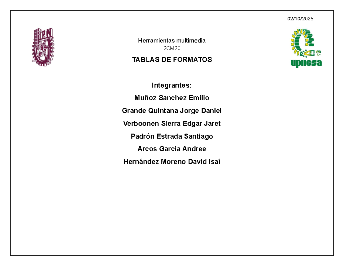 Tablas de Formatos Multimedia 2CM20 - Proyecto de Clase - Studocu