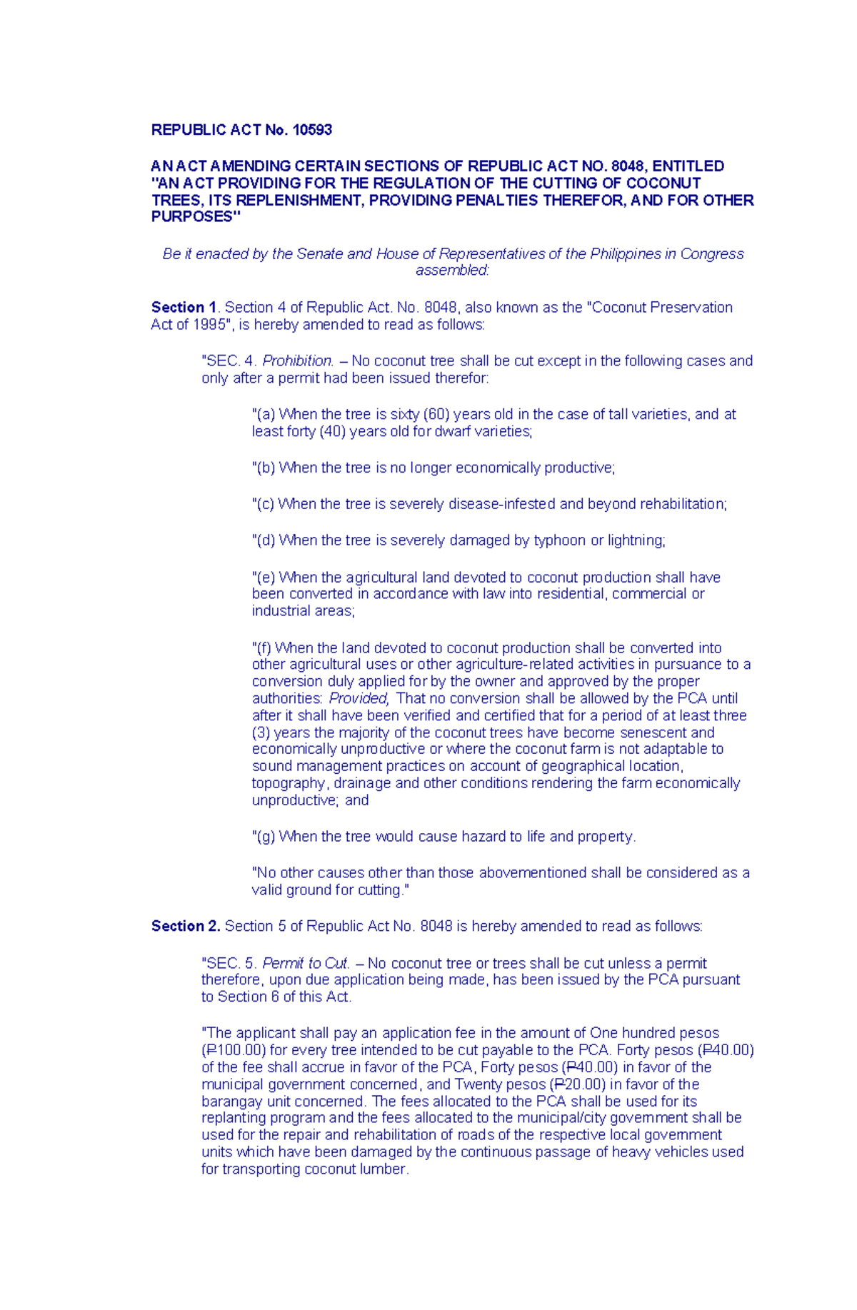 Republic Act No. 10593: Amendments to Coconut Tree Regulation - Studocu