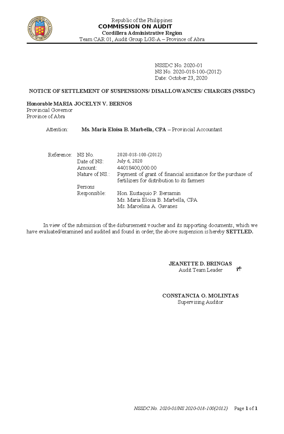NSSDC Notice of Settlement: Audit Result for NS 2020-018-100(2012 ...