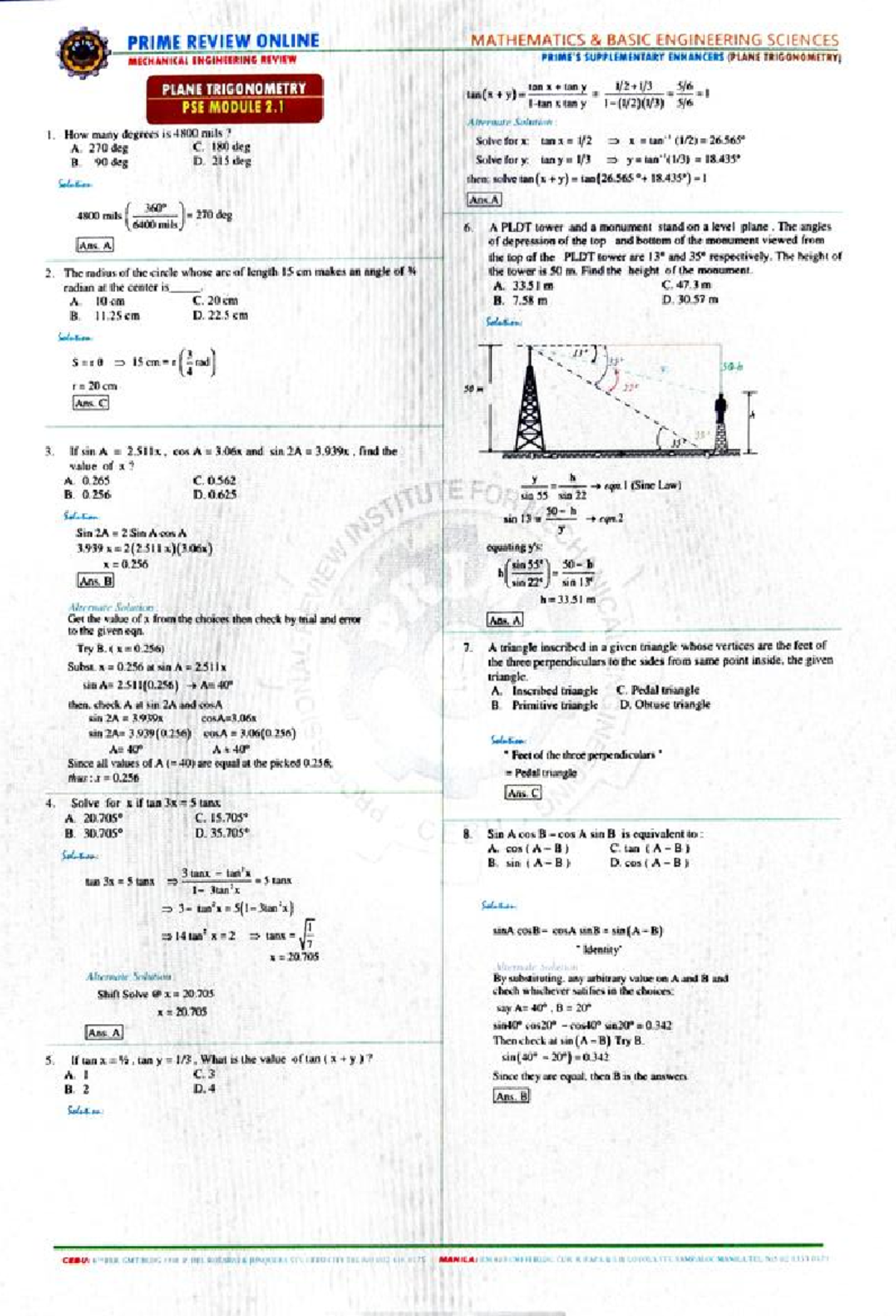 PRIME REVIEW ONLINE MATH: PLANE TRIGONOMETRY SUPPLEMENTARY ENHANCERS ...