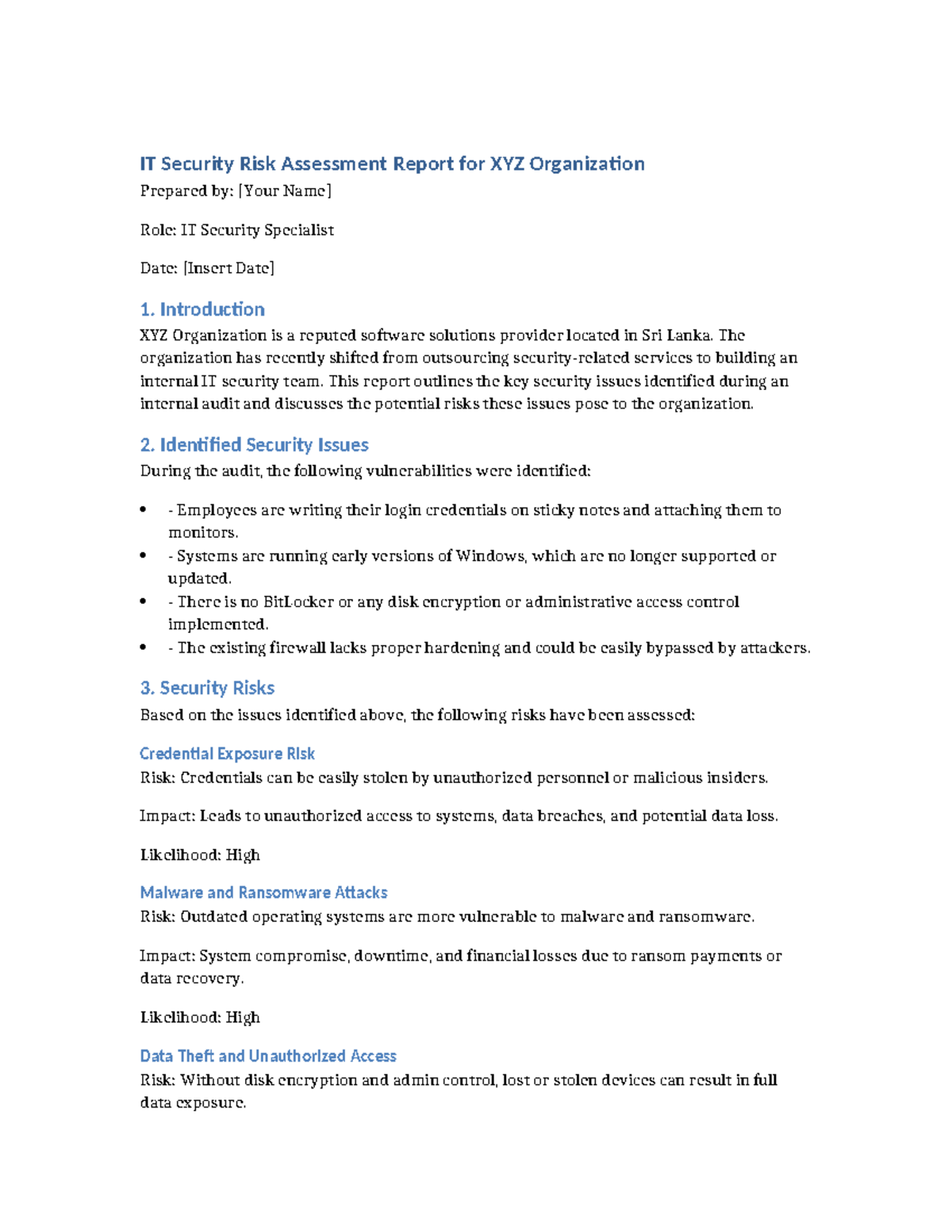 XYZ IT Security Risk Assessment Report: Key Vulnerabilities & Risks ...
