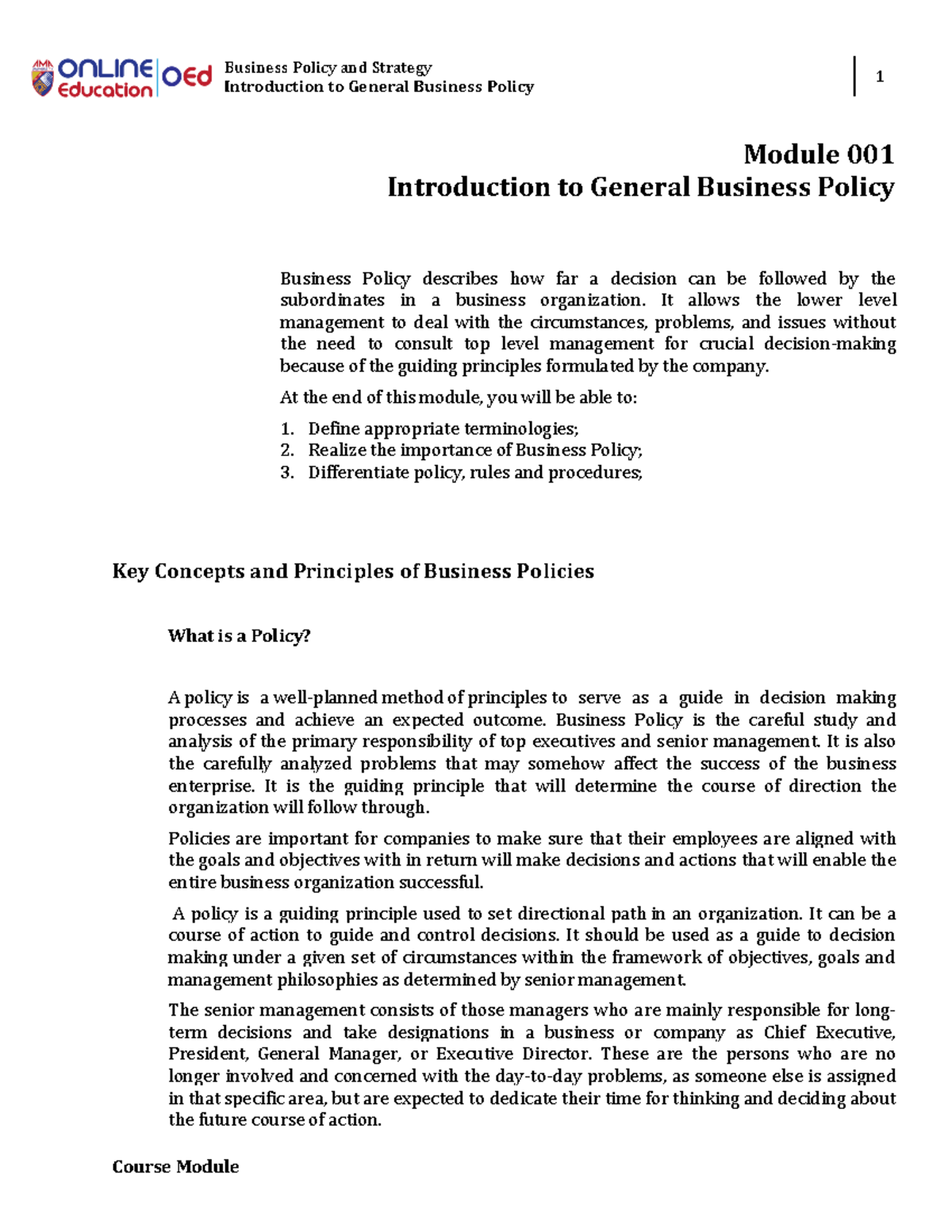 Module 001 - Intro to Business Policy & Strategy Overview - Studocu