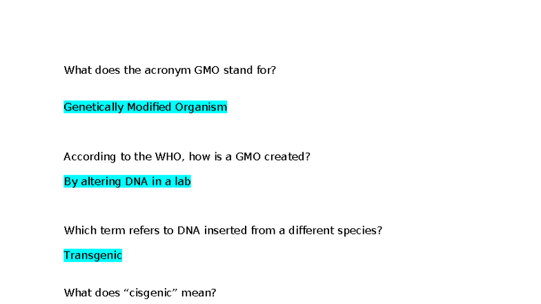 GMO 101: Key Terms & Concepts in Genetic Modification - Studocu