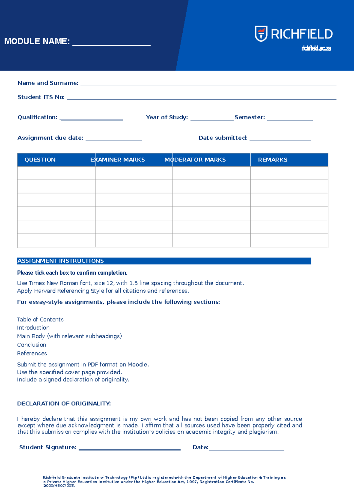 2025 Assignment Cover Page - Richfield Graduate Institute - Studocu