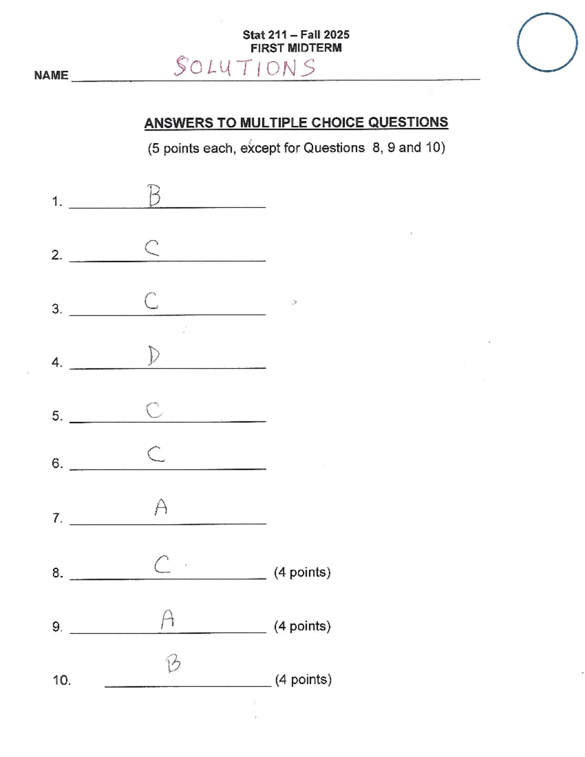 Midterm 1 Solutions for Stat 211 - Fall 2025 - Studocu