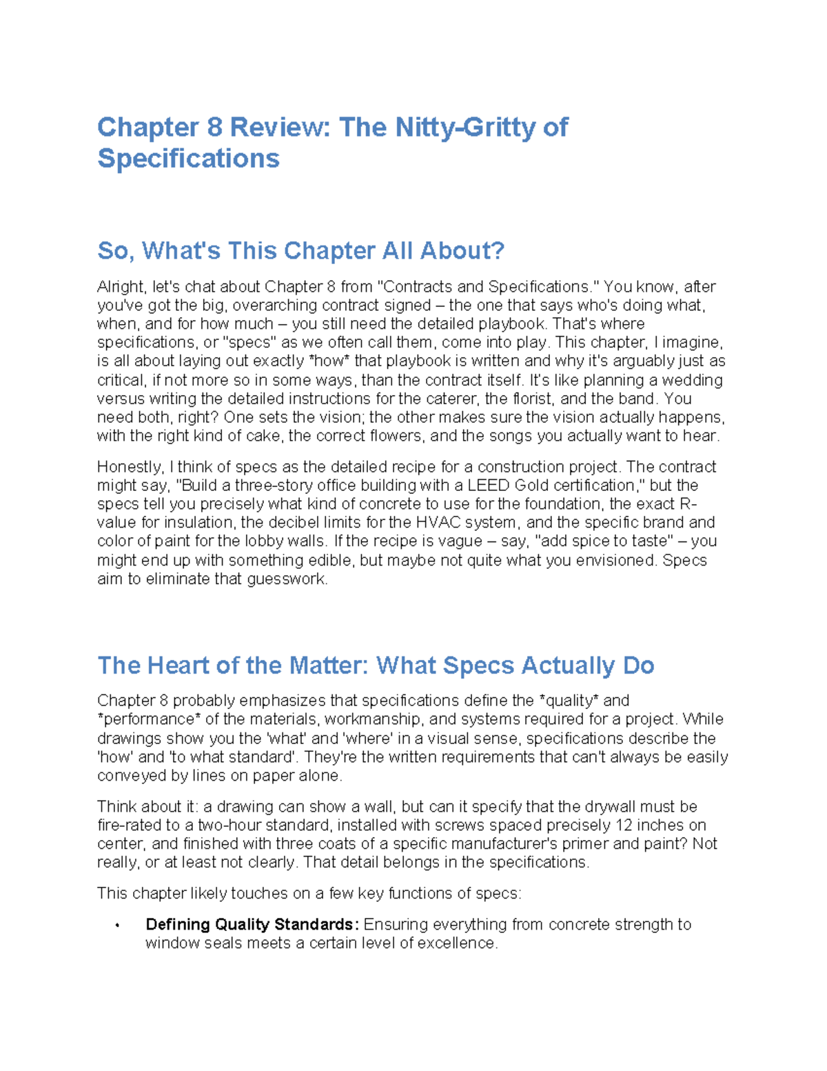 Chapter 8 Review: Understanding Specifications in Contract Law - Studocu