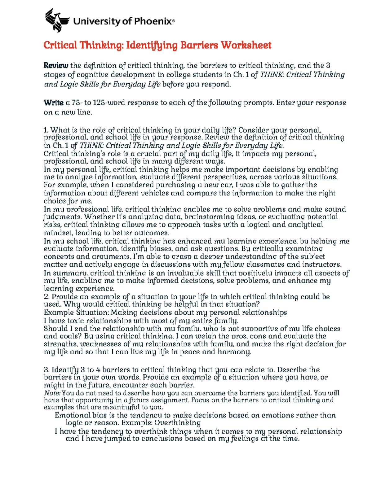 Critical Thinking Identifying Barriers Worksheet - 1 of THiNK: Critical ...