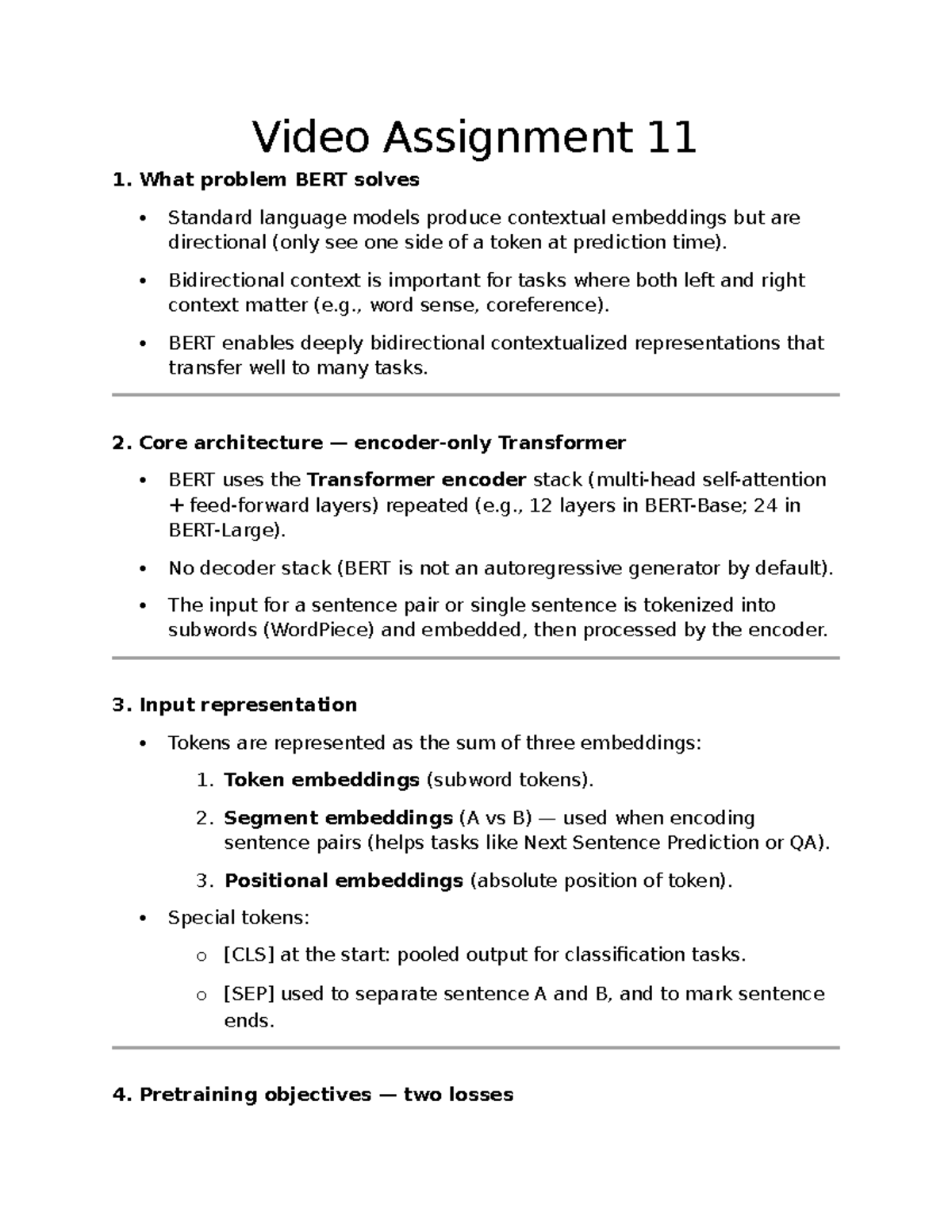 BERT: Architecture, Training Objectives & Applications Overview (CS101) - Studocu