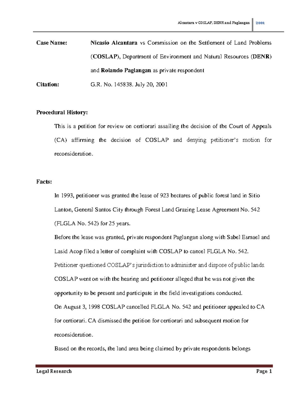 ALCANTARA v COSLAP & DENR 2001: Legal Case Analysis and Findings - Studocu