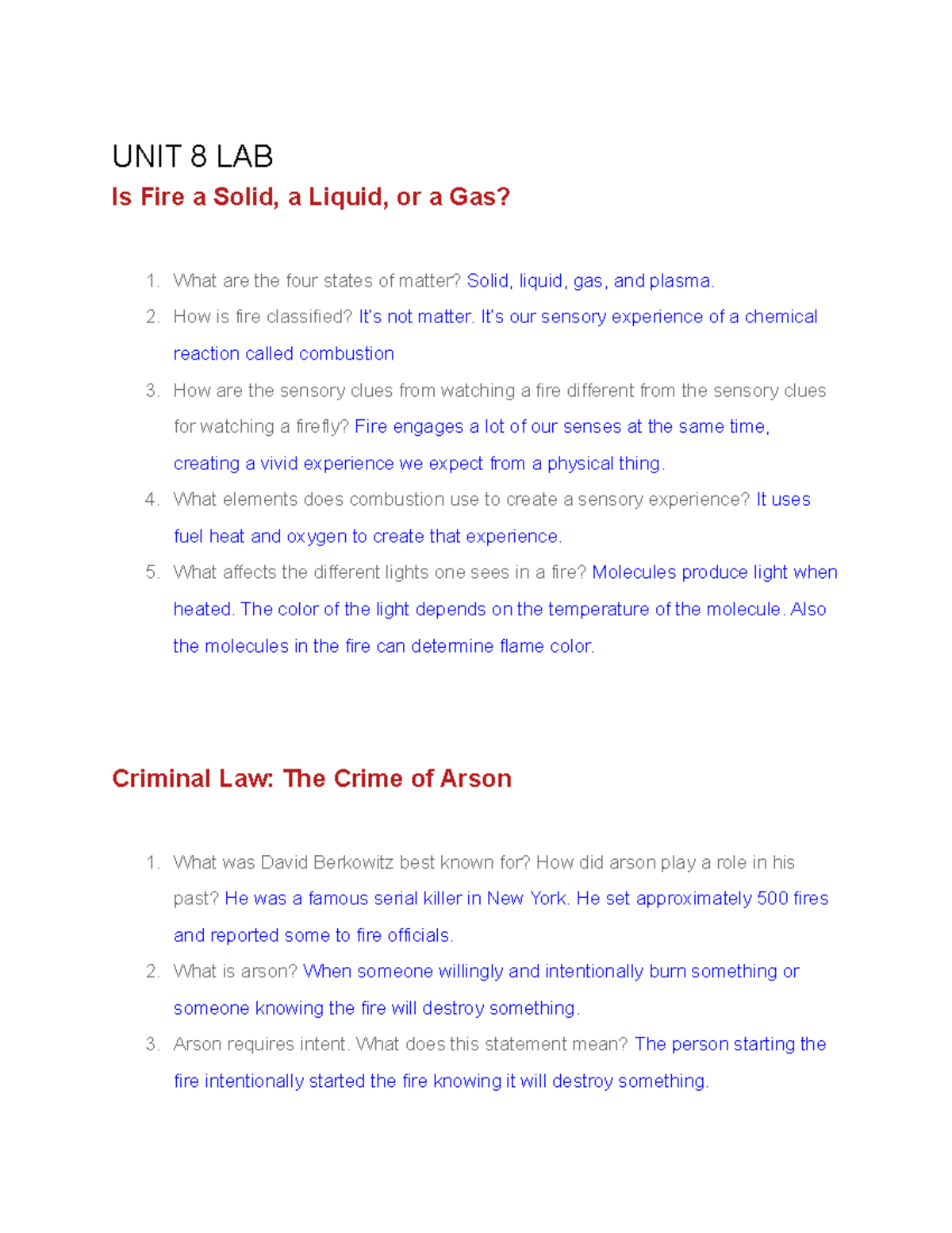 UNIT 8 LAB. Forensic Science Unit 8 Lab - UNIT 8 LAB Is Fire a Solid, a ...