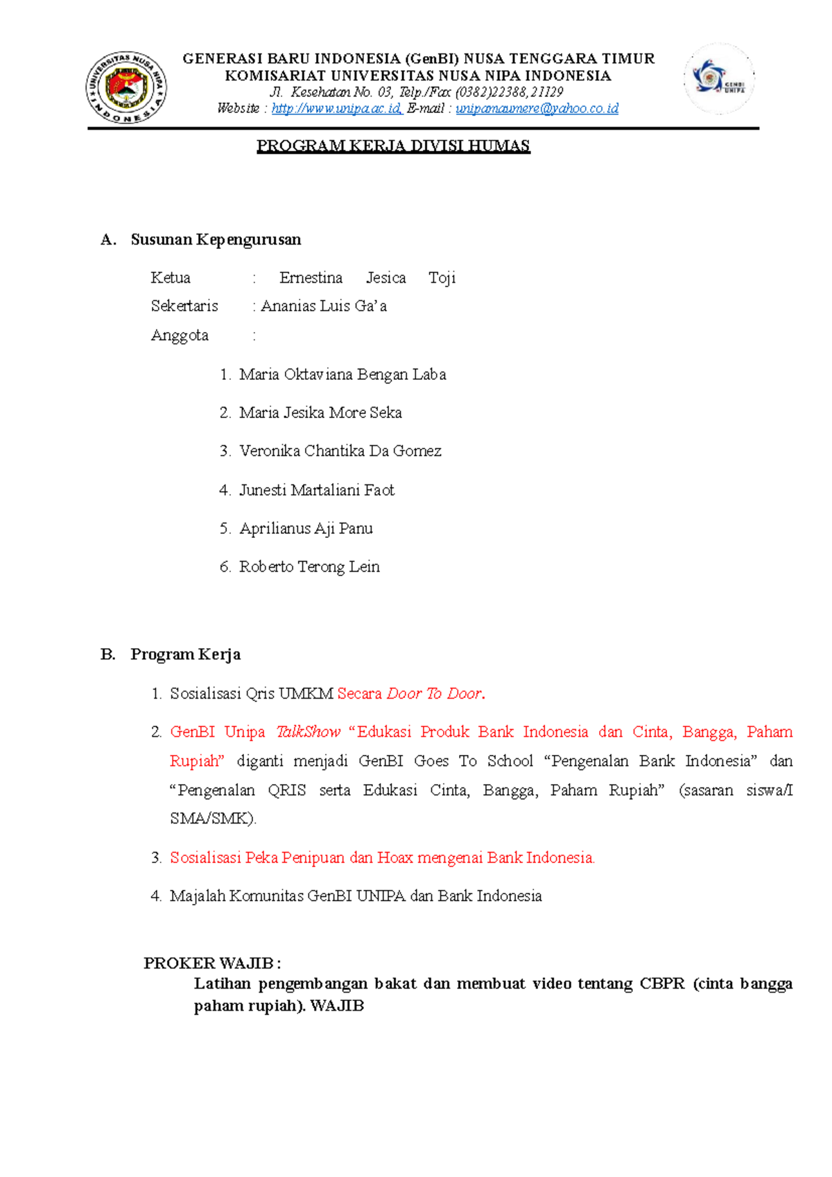 Proposal Kegiatan Humas GenBI Unipa Angkatan VI Tahun 2023/2024 - Studocu
