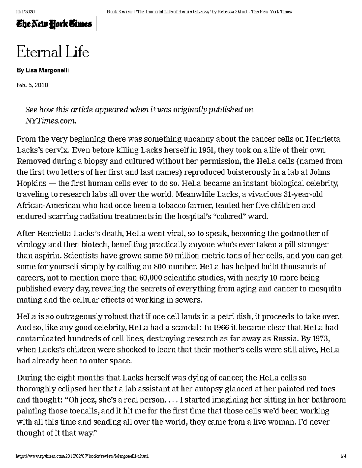 Book Review: 'The Immortal Life of Henrietta Lacks' - NY Times - Studocu
