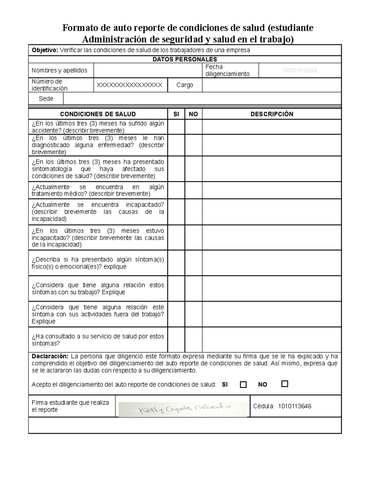 Formato de Auto Reporte de Salud para Trabajadores - V1 - Studocu