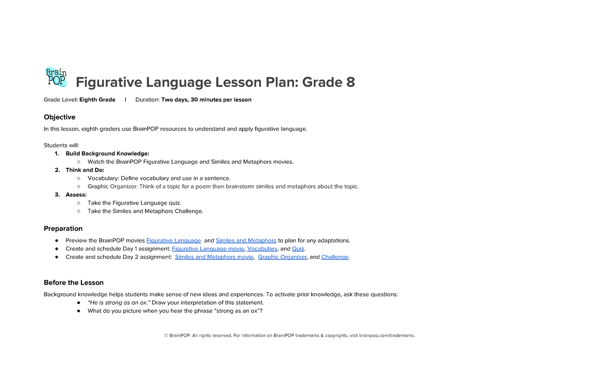 Grade 8 Lesson Plan on Figurative Language & its Applications - Studocu