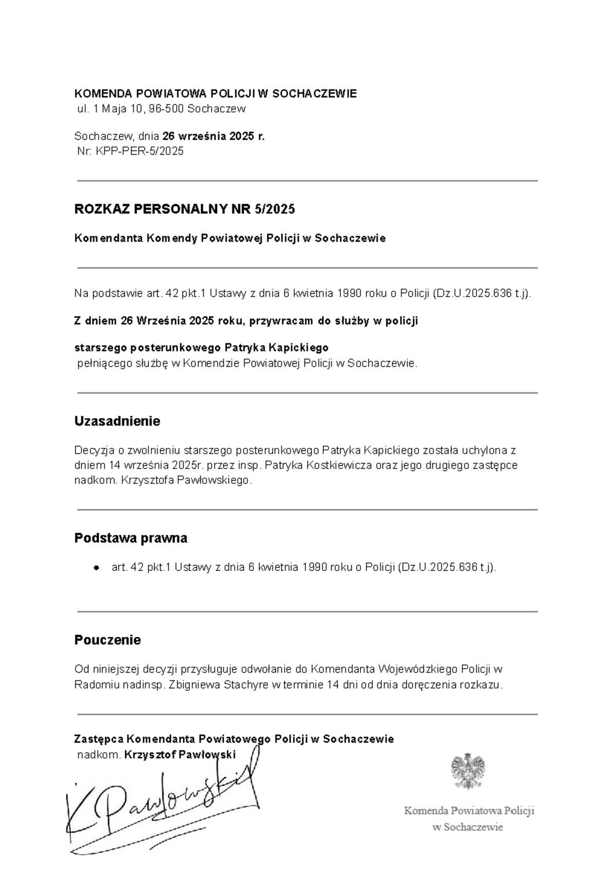 Rozkaz Personalny Nr Komendanta KPP w Sochaczewie - 26.09.2025 - Studocu