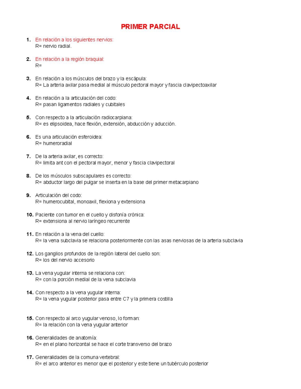 Final Exam de Anatomía: Primer Parcial y Respuestas Clave - Studocu