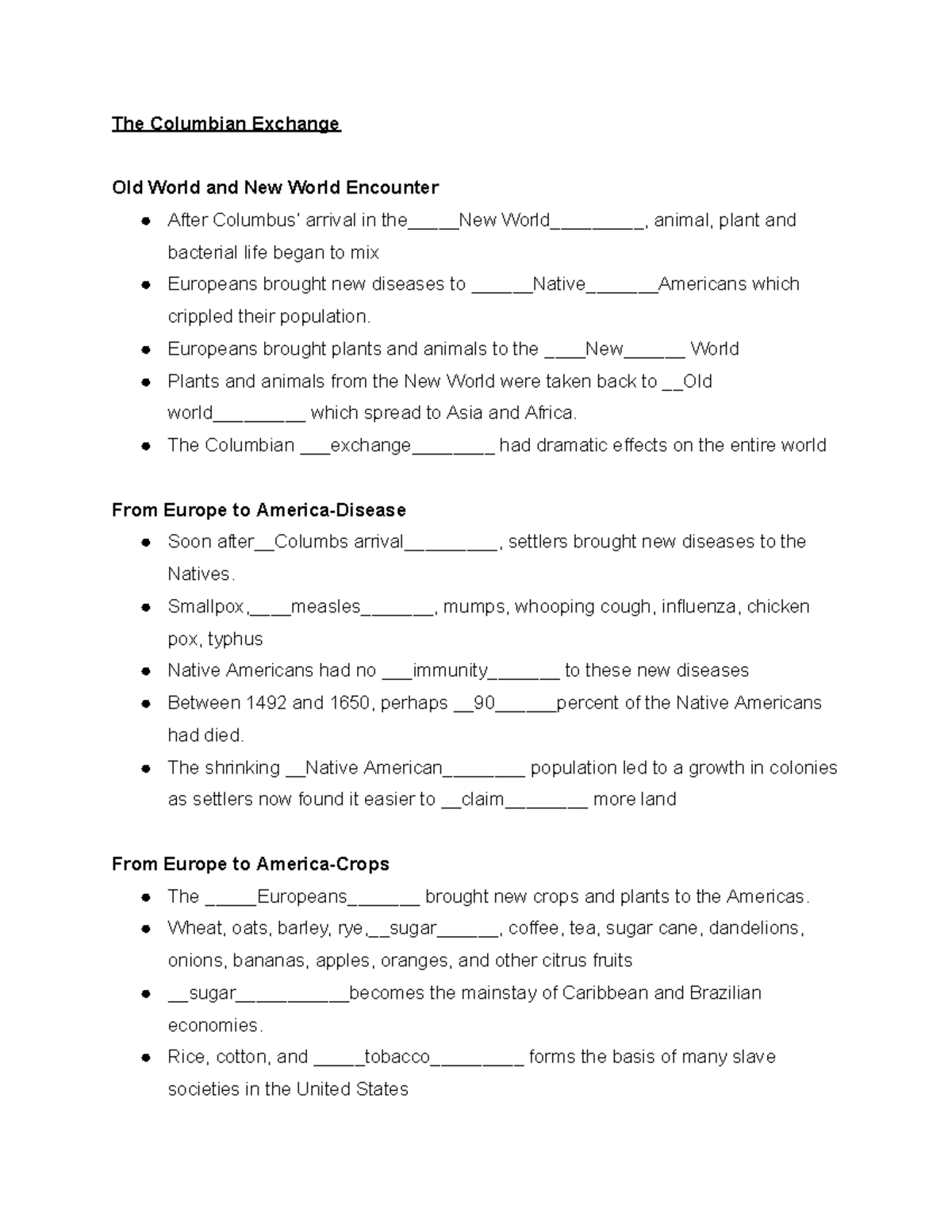 Copy of Columbian Exchange Notes - The Columbian Exchange Old World and ...