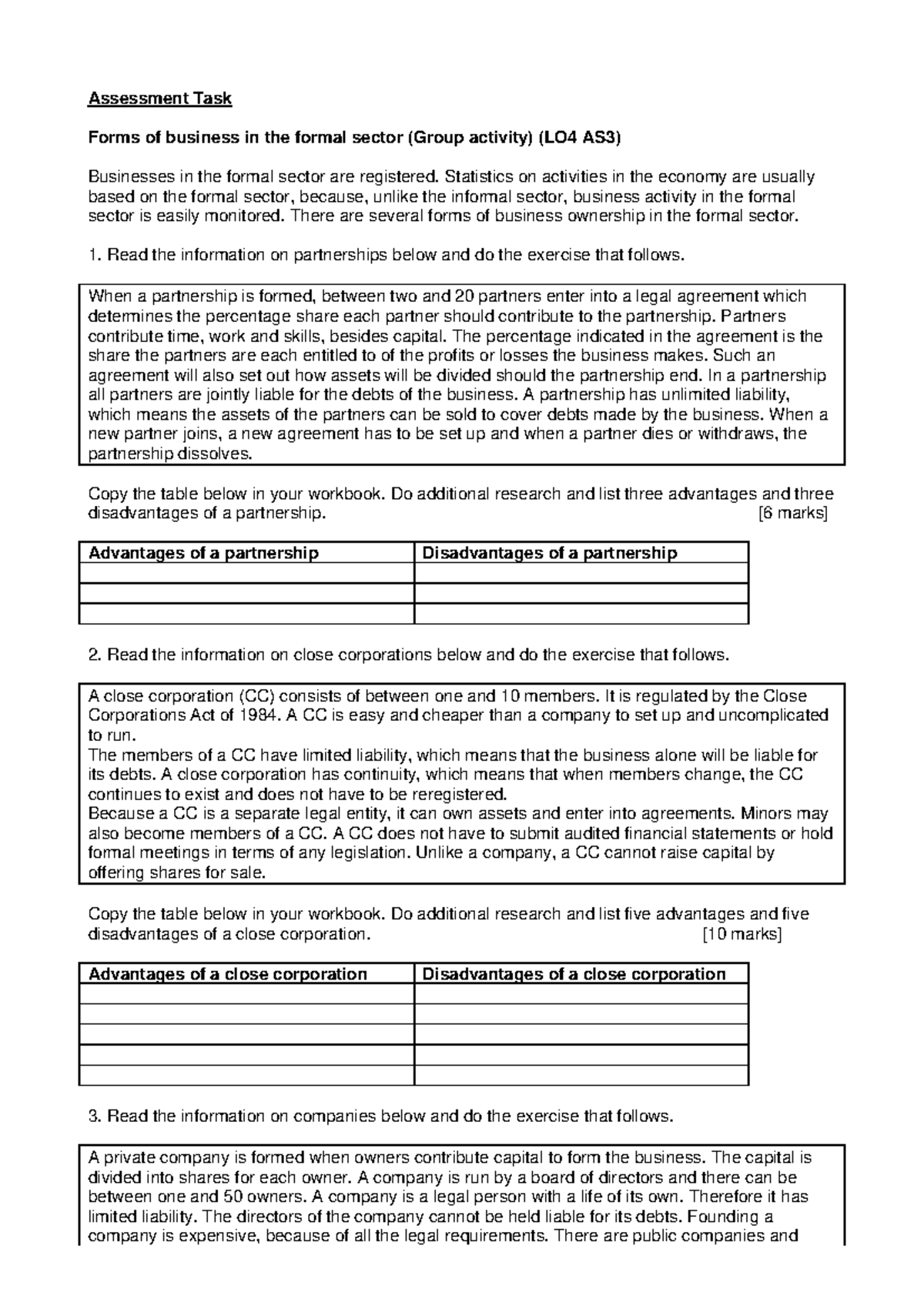Grade 8 Business Studies: Forms of Ownership in the Formal Sector (LO4 ...
