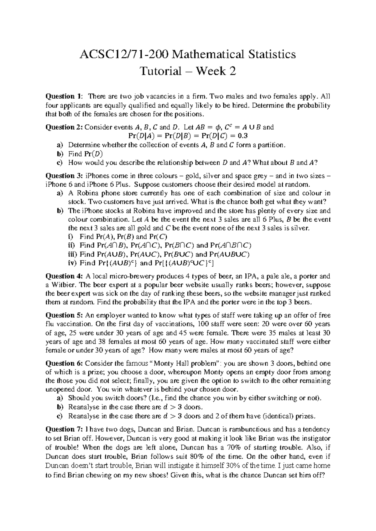 Mathematical Statistics MATH101 Week 2 Tutorial Questions - Studocu