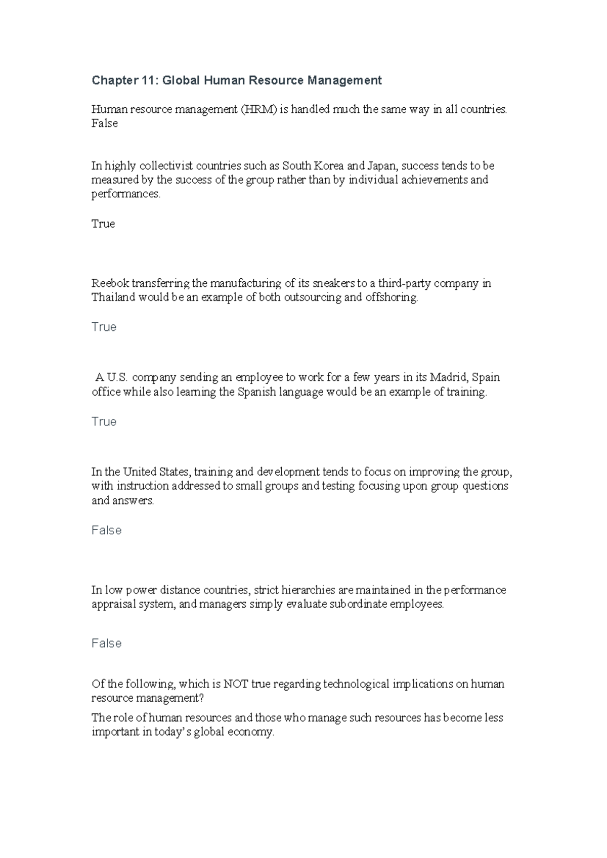 Chapter 11: Global HRM Insights and Implications for Business - Studocu