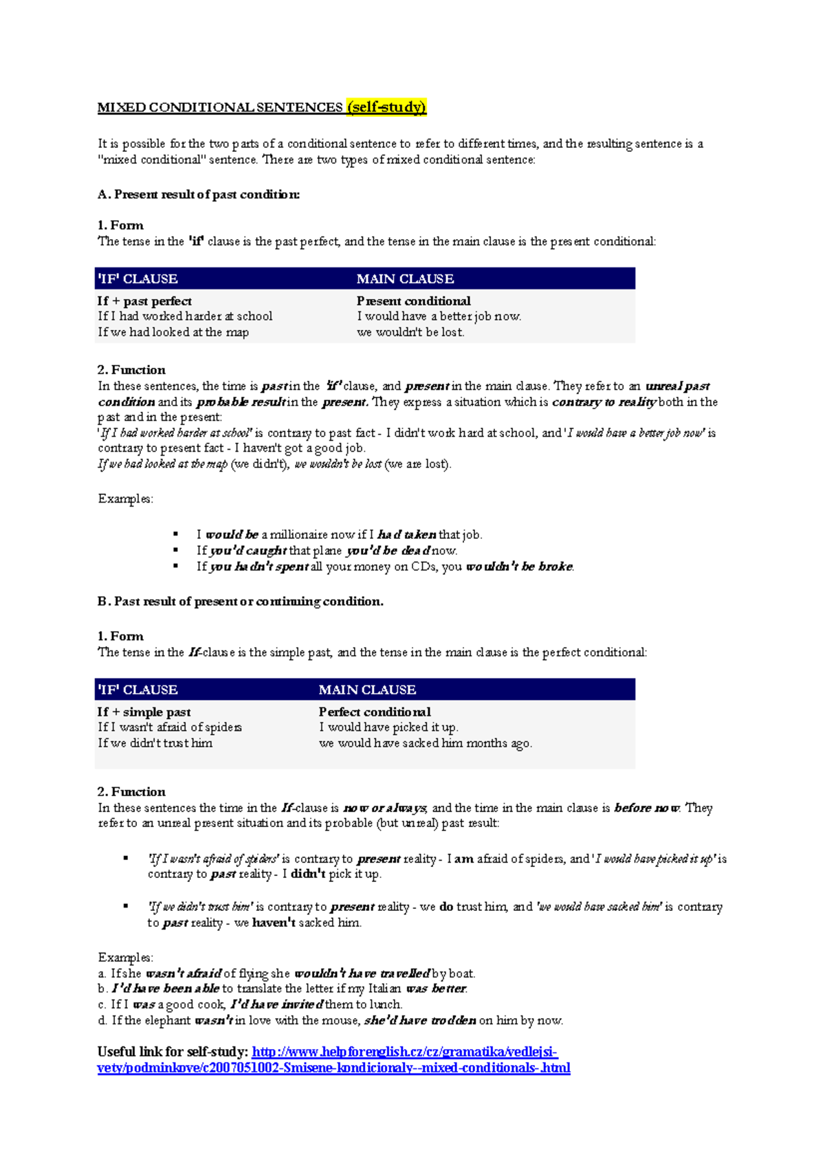 Mixed Conditional Sentences - Self-Study Guide on English Grammar - Studocu