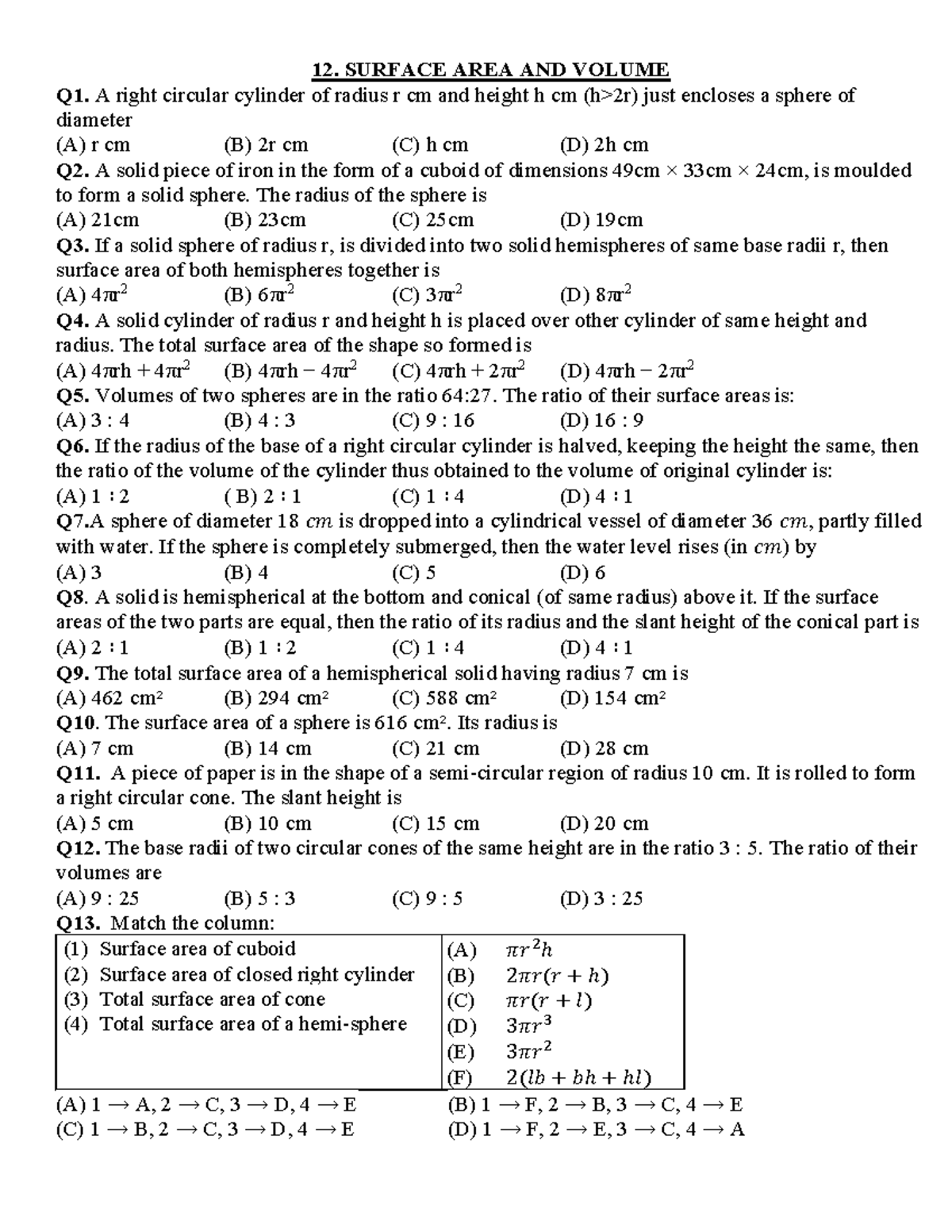 12. Surface Area and Volume Quiz Questions and Answers - Studocu