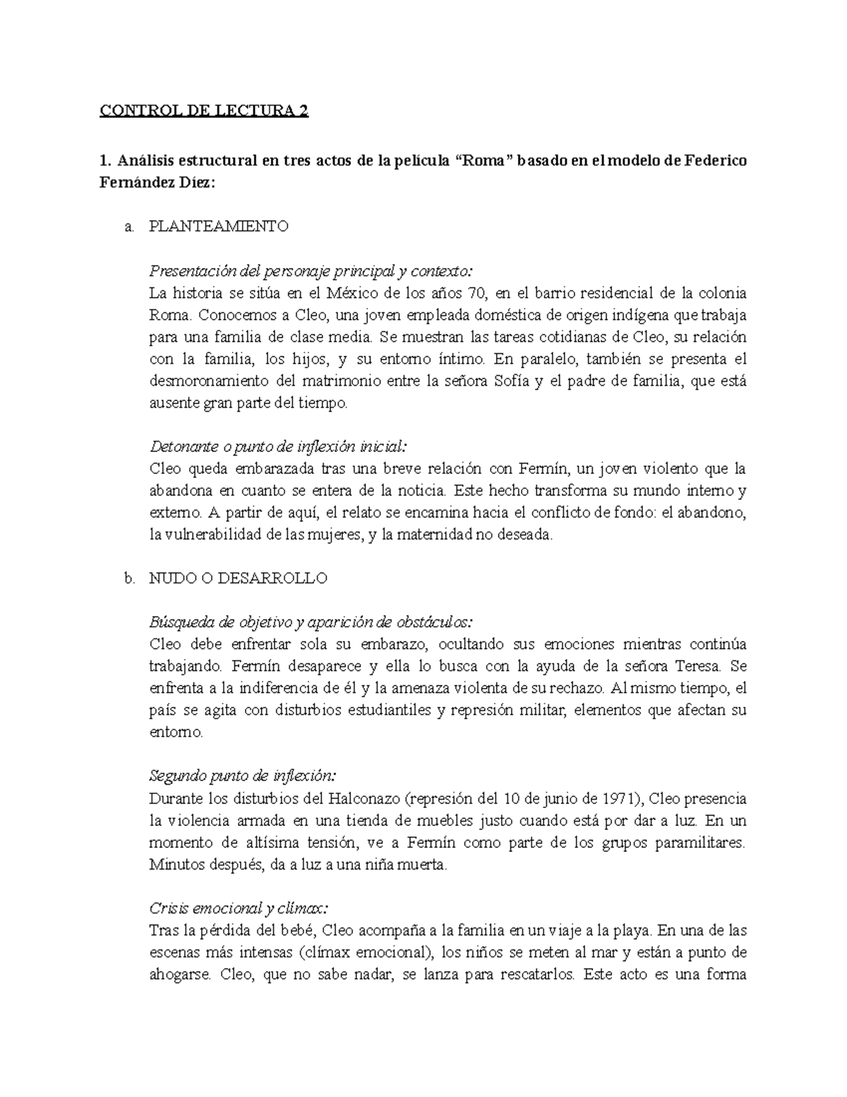 CONTROL DE LECTURA 2: Análisis de "Roma" y su Estructura Narrativa ...