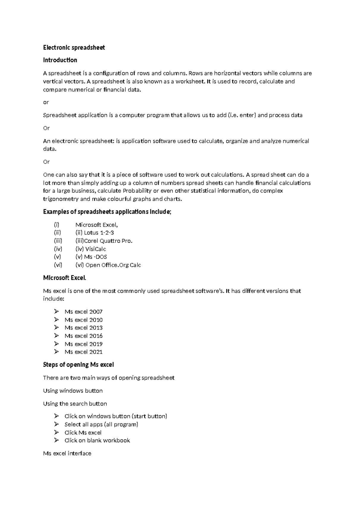 Electronic Spreadsheet Overview: S3 T2 Guide to MS Excel - Studocu