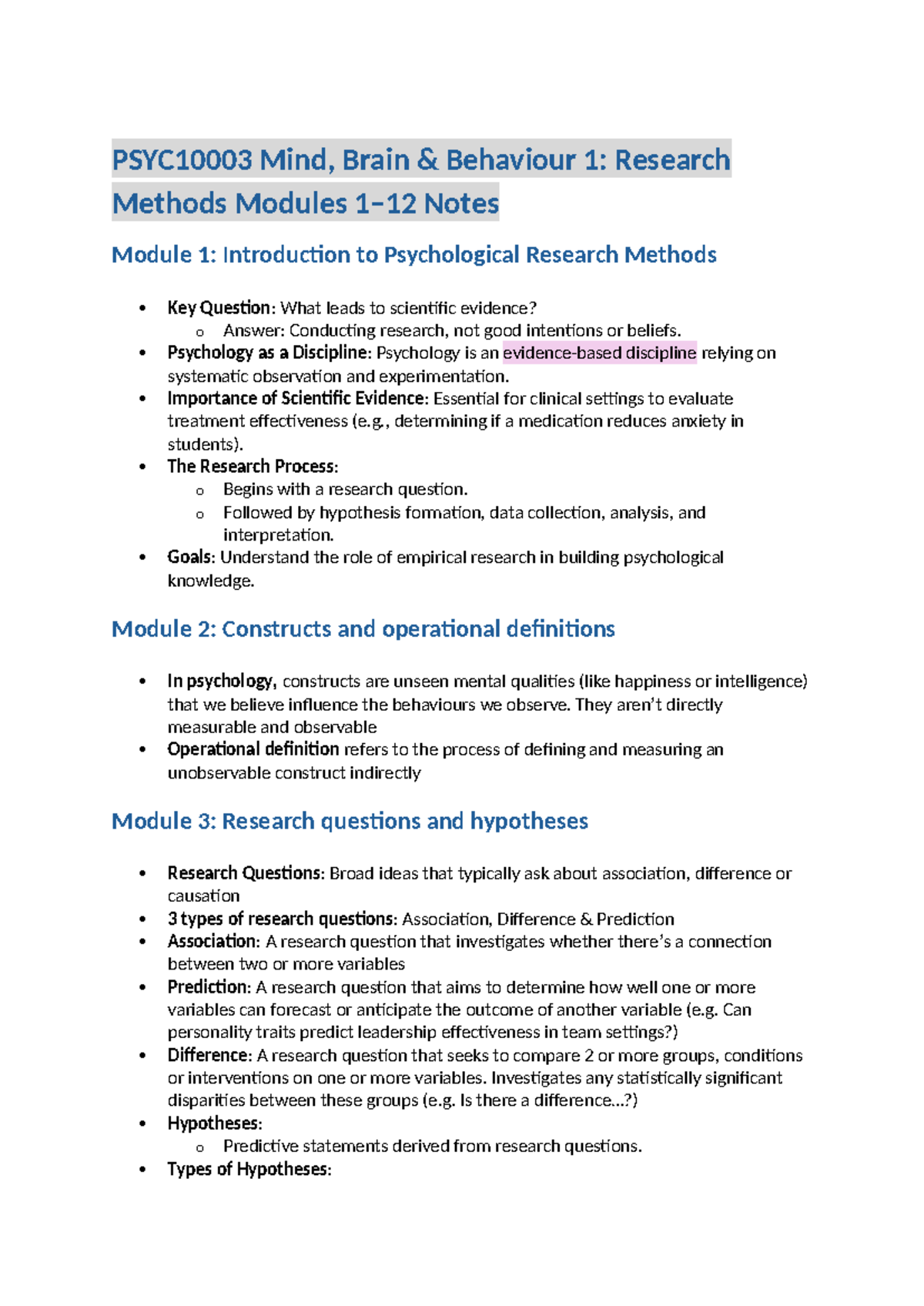 Mind, Brain Behaviour 1: Research Methods Module Notes - Studocu