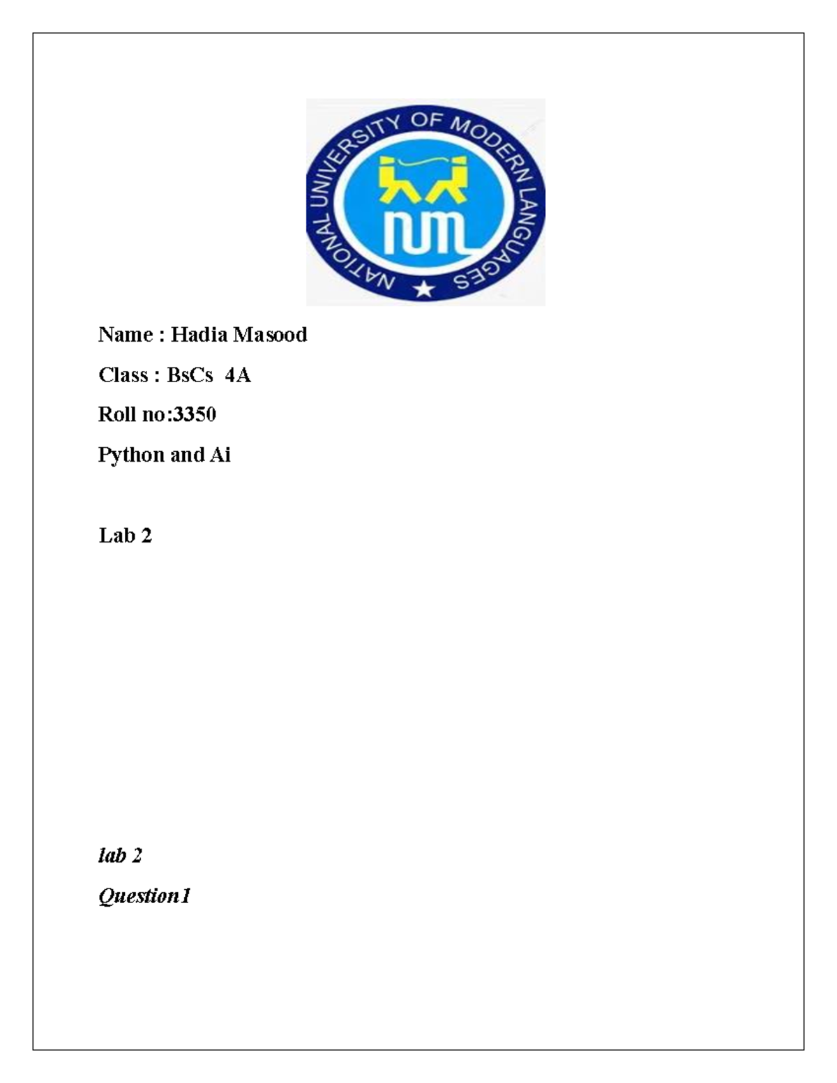 Lab Task 2 - Python and AI (BsCs 4A) - Studocu