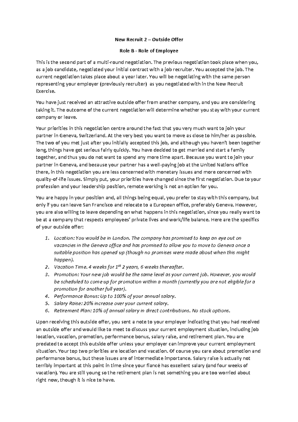 Negotiation Notes: New Recruit 2 Outside Offer Role B - Employee ...