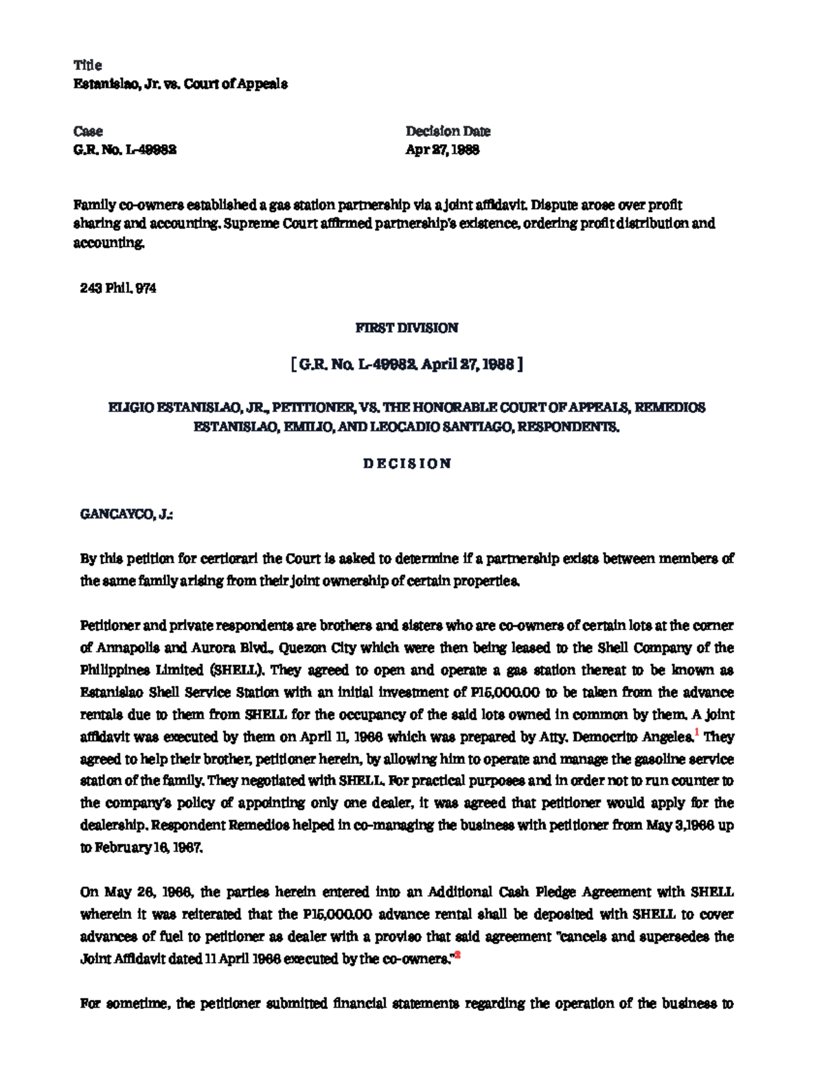 G.R. No. L-49982 - Estanislao, Jr. vs. Court of Appeals: Partnership ...