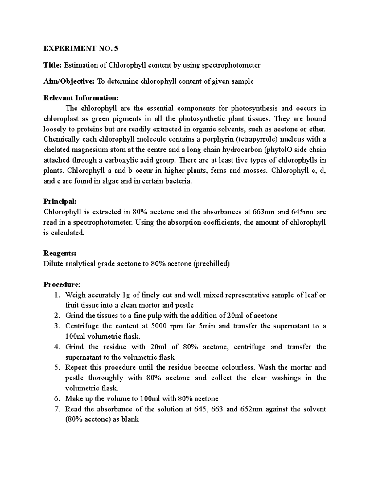Estimation of Chlorophyll Content via Spectrophotometry - Exp 5 - Studocu