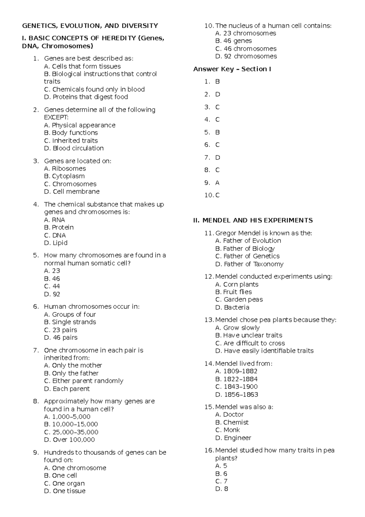 Genetics MCQ Review: Concepts of Heredity and Mendelian Principles ...