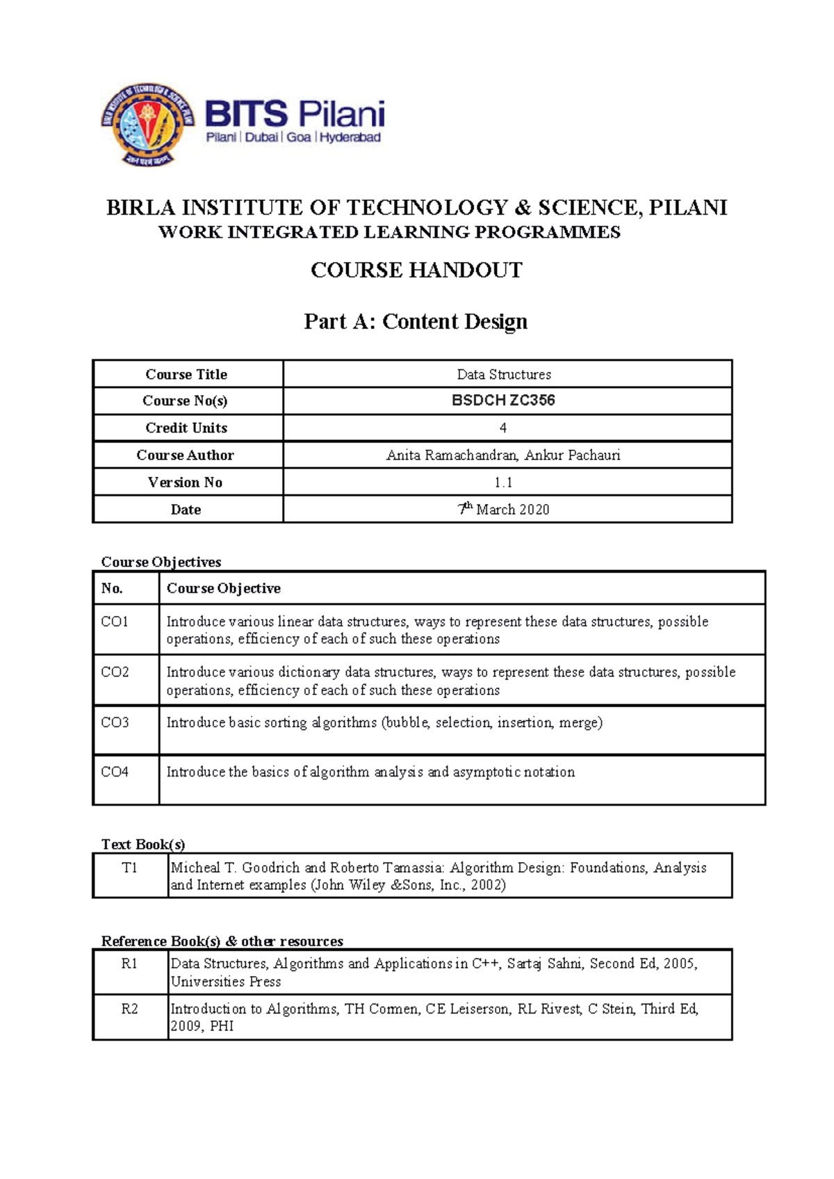 Bsdch ZC356 Data Structures Course Handout and Content Overview - Studocu