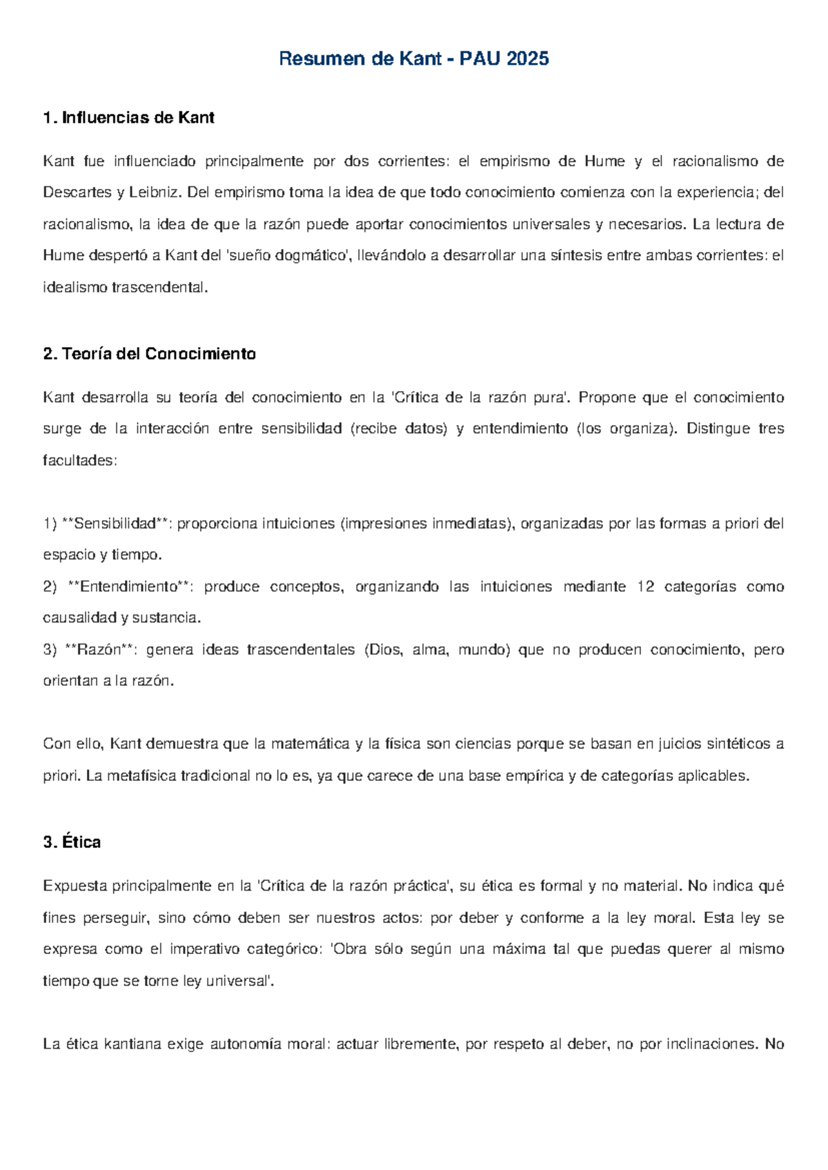Resumen visual de Kant PAUPrep 2025: influencias y teoría del ...
