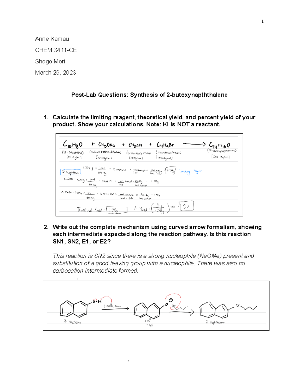CHEM 3411-CE Exp 9: Synthesis & Post-Lab Analysis of 2 ...