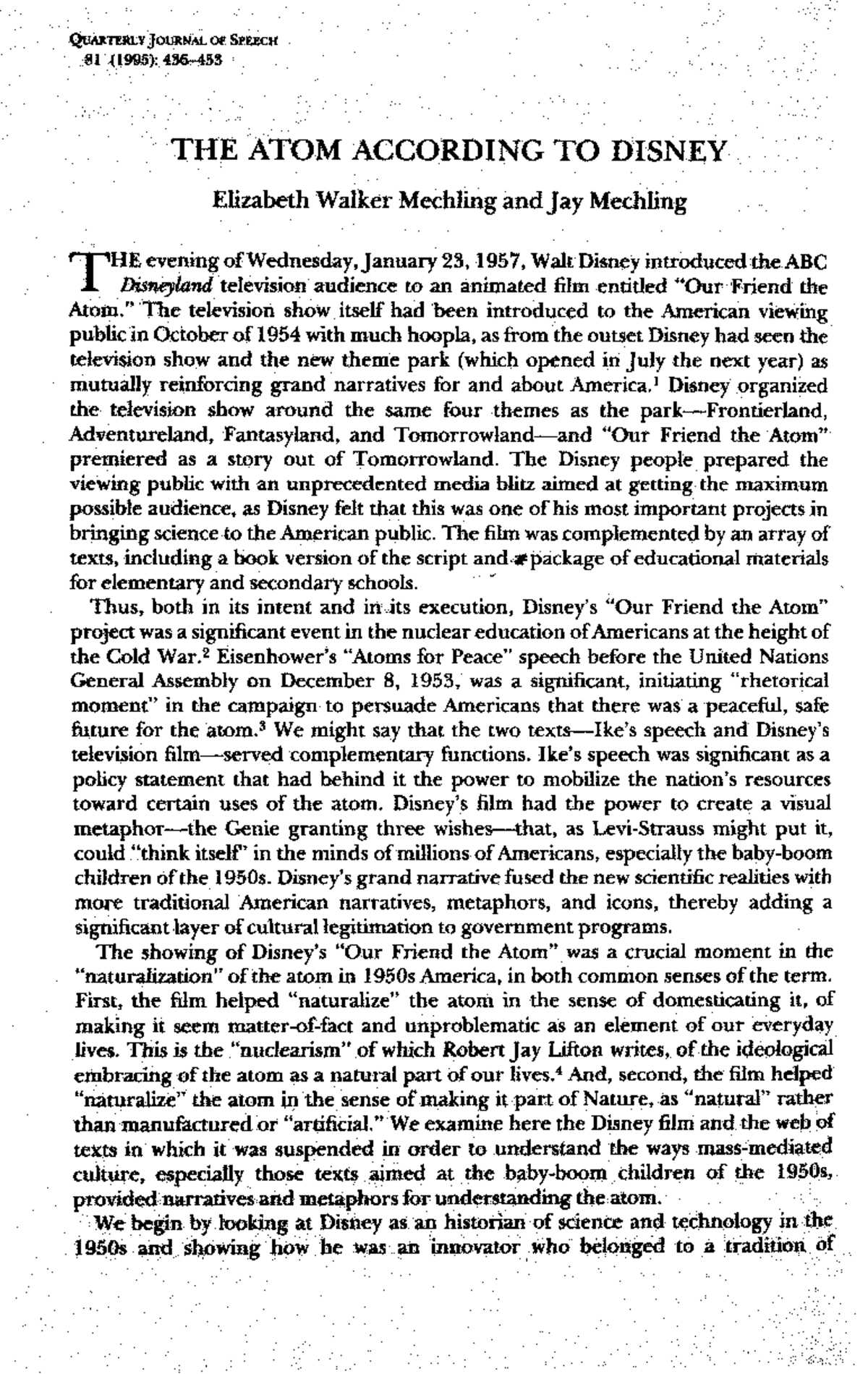 Mechling & Mechling: The Atom According to Disney (QJS 81, 1995) - Studocu
