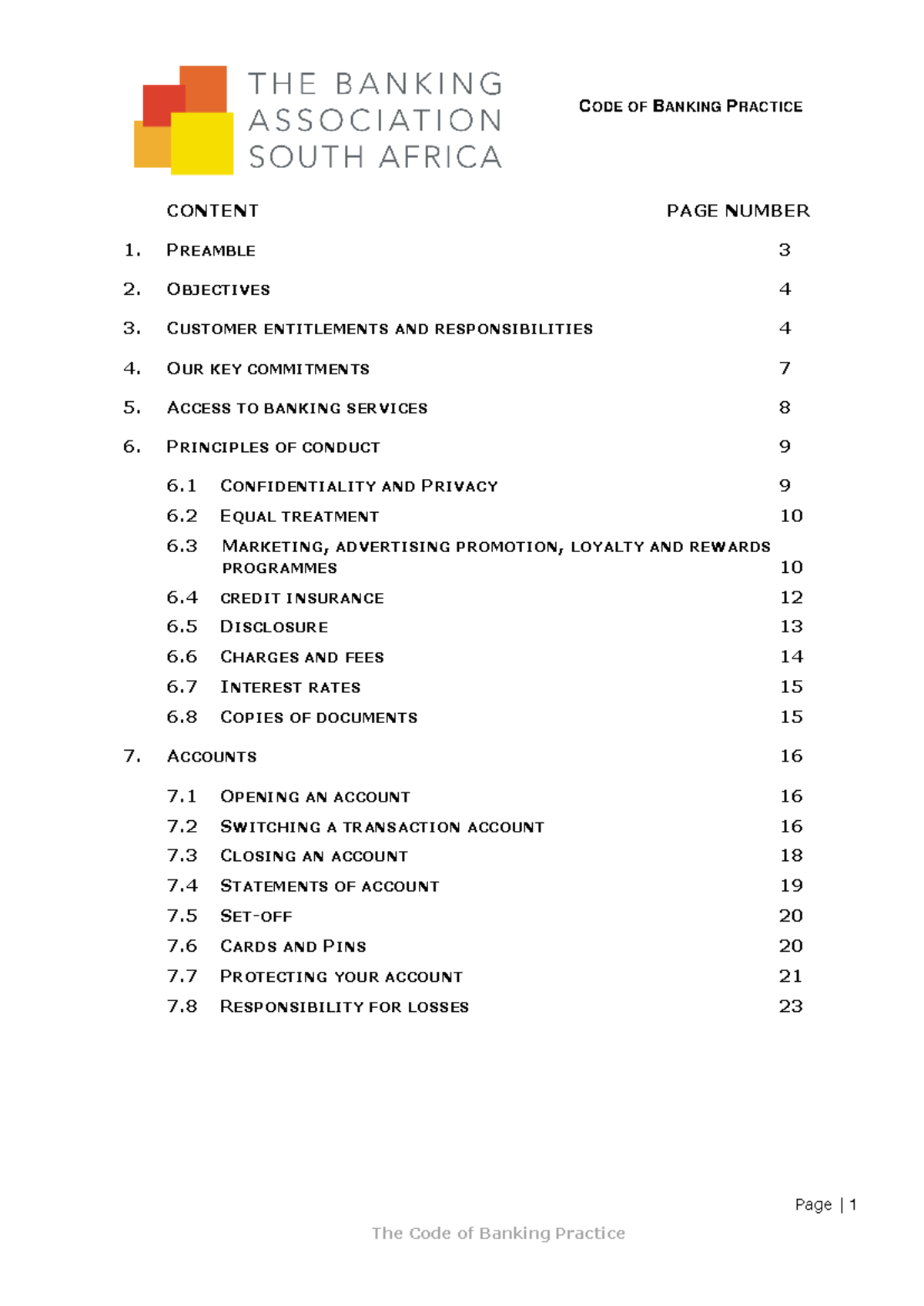 Code of Banking Practice 2012 - CONTENT PAGE NUMBER CONTENT PAGE NUMBER ...