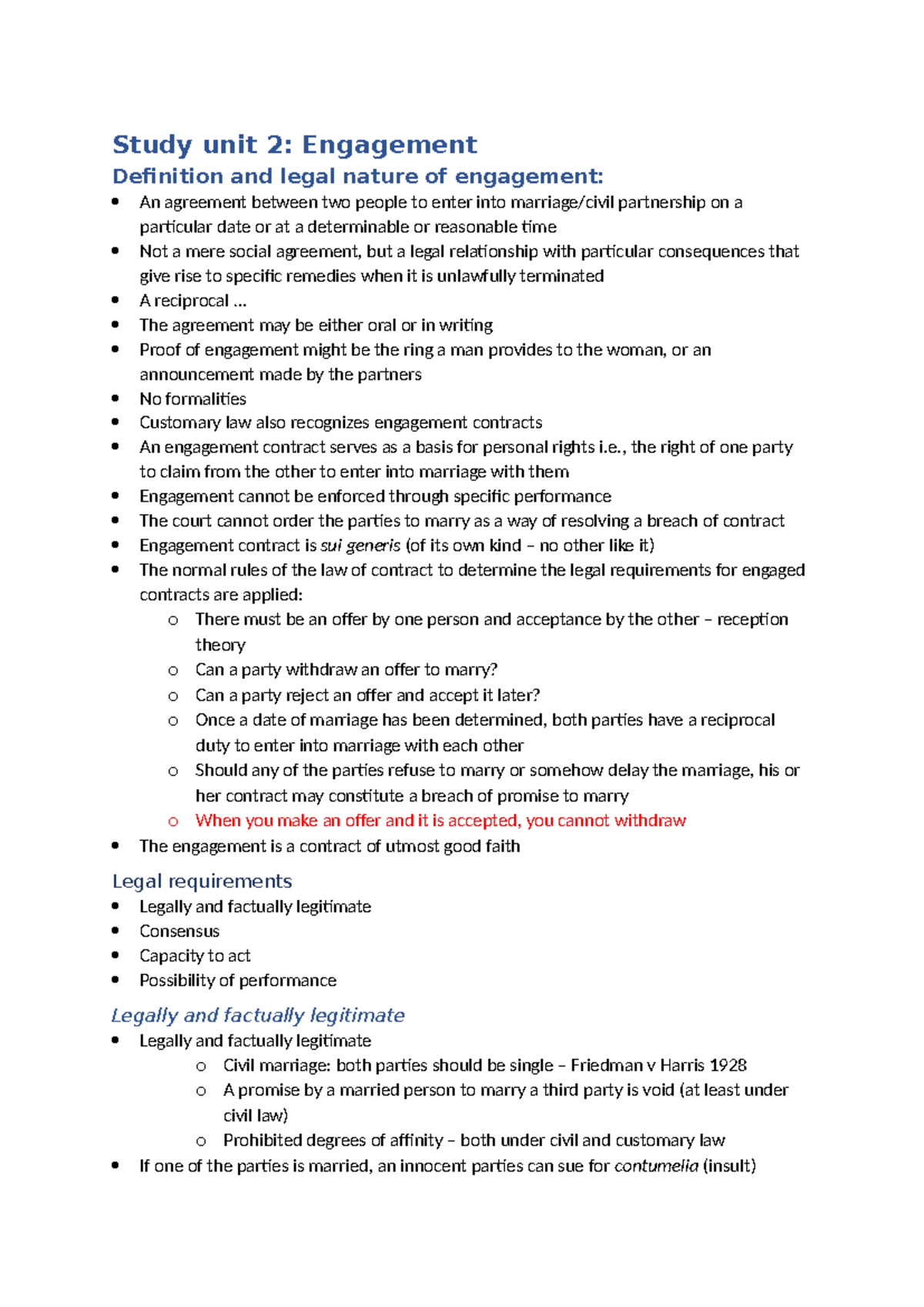 Family Law Study Unit 2: Legal Nature of Engagement Contracts - Studocu