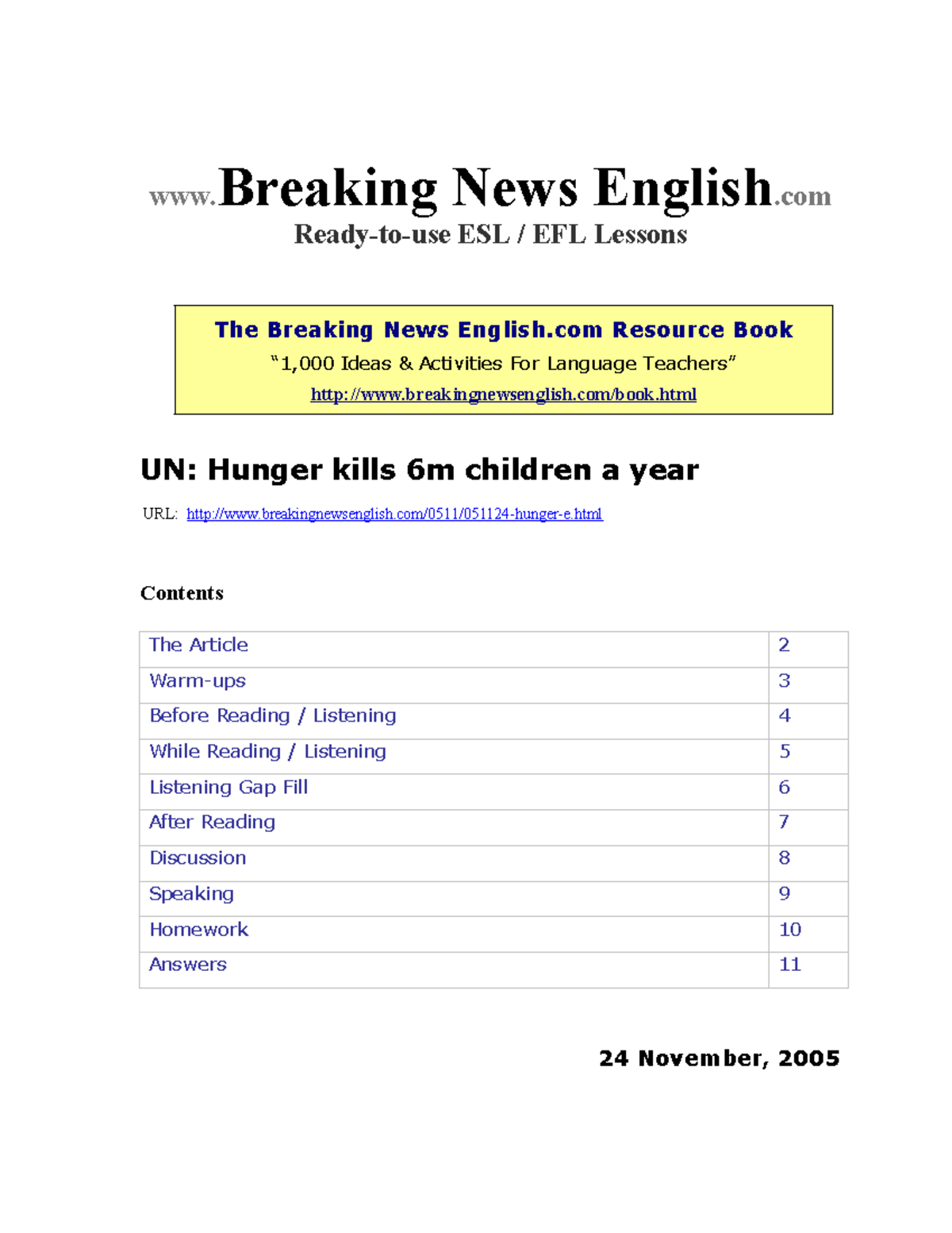 UN: Hunger Kills 6M Children Annually - ESL EFL Lesson Plan - Studocu