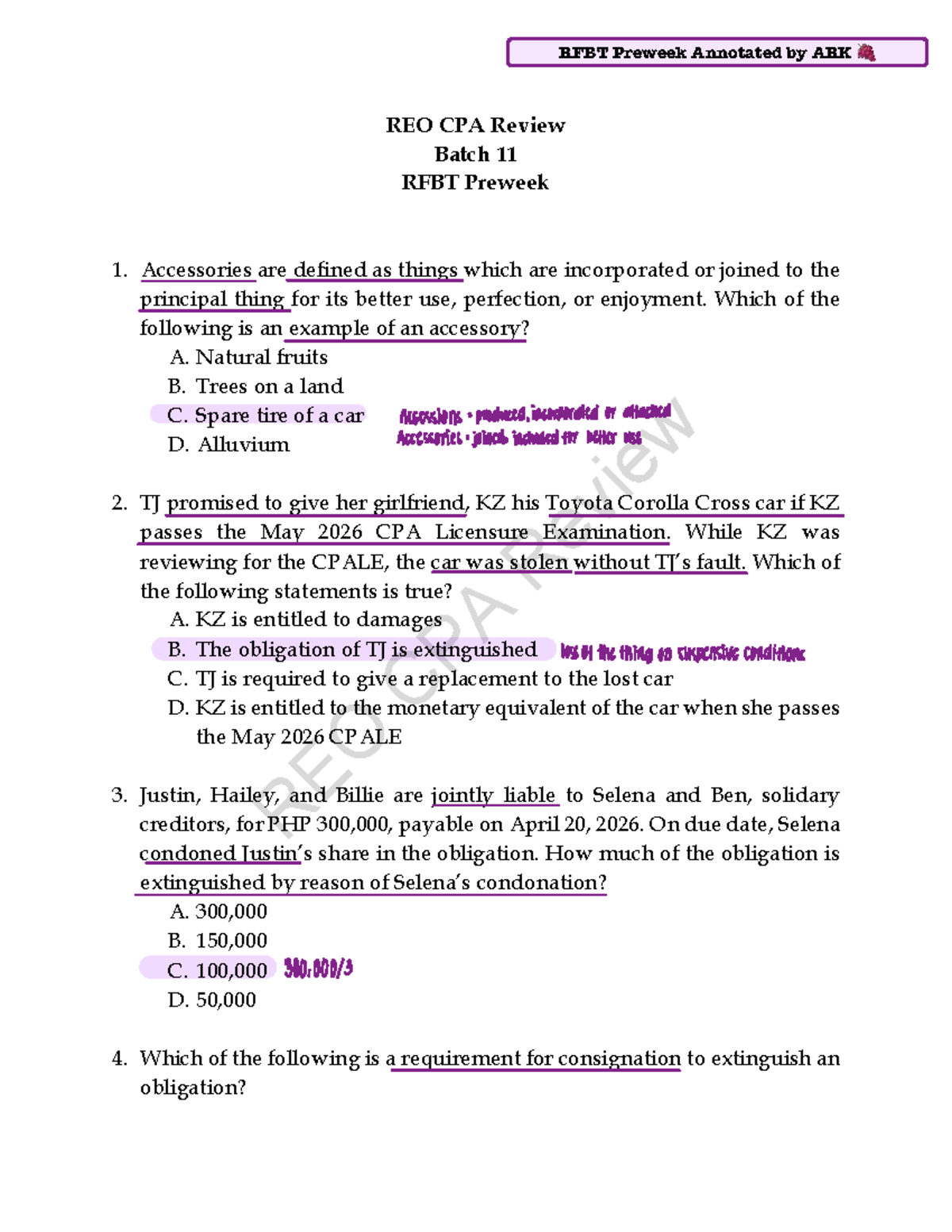RFBT Preweek REO CPA Review Batch 11: Annotated Study Guide - Studocu