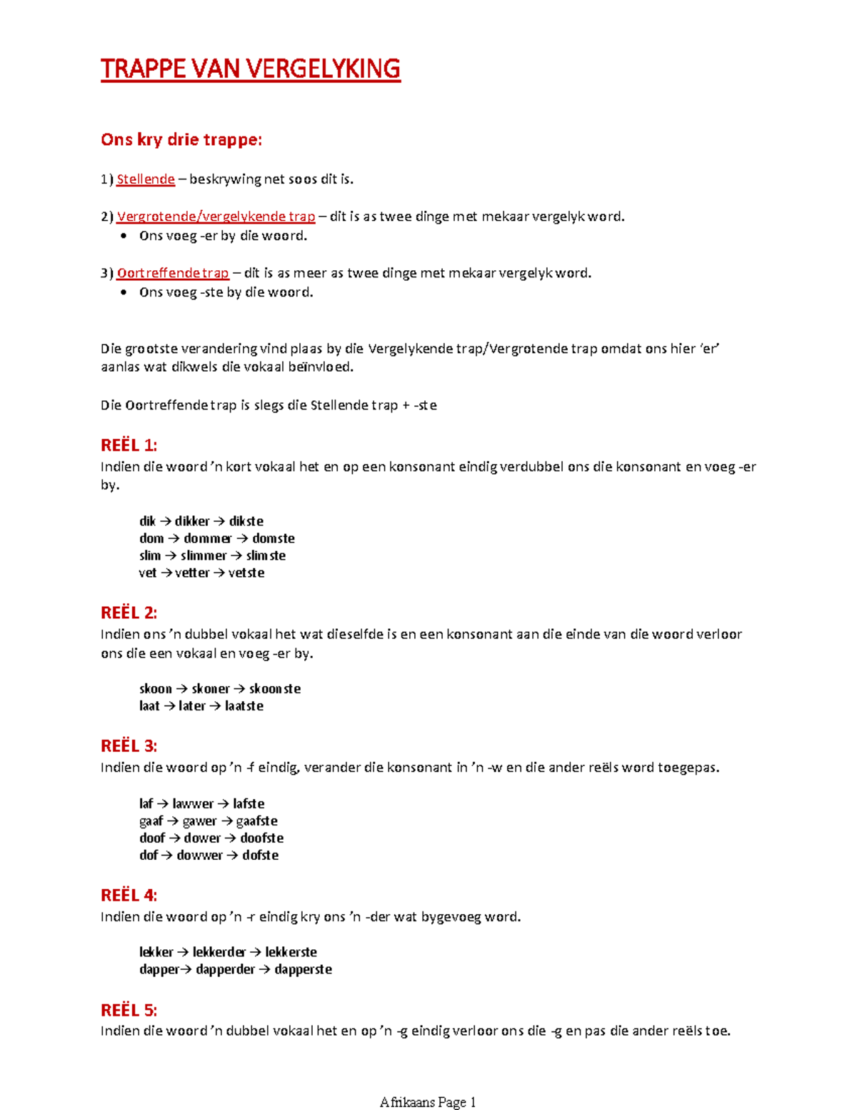 Trappe van Vergelyking – Regels en Voorbeelde in Afrikaans - Studocu