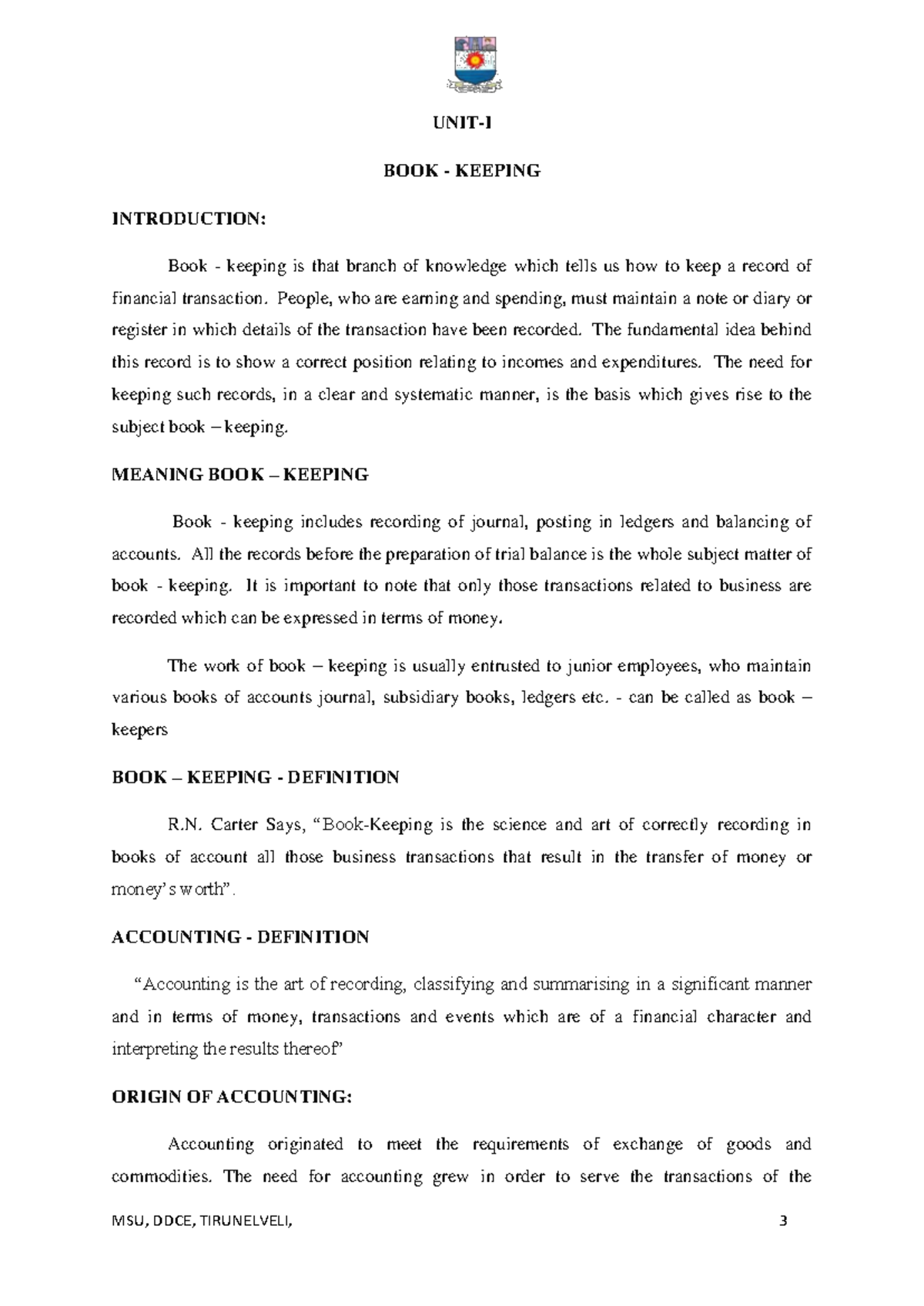 BBA Financial Accounting Unit 1: Introduction to Book-Keeping and ...
