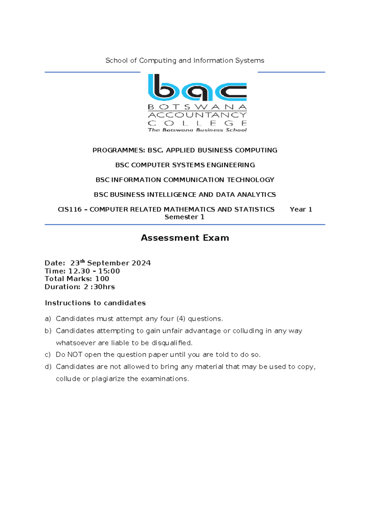 CIS116 Final Exam: Computer Related Mathematics & Statistics 2024 - Studocu