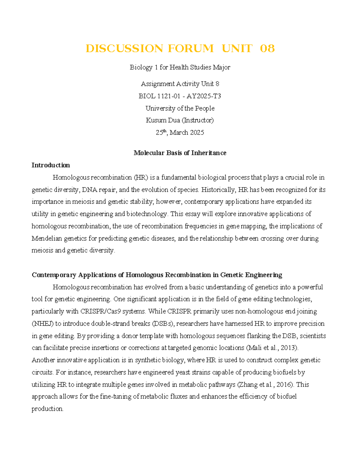 Discussion Forum Unit 08: Molecular Basis of Inheritance in BIOL 1502 ...
