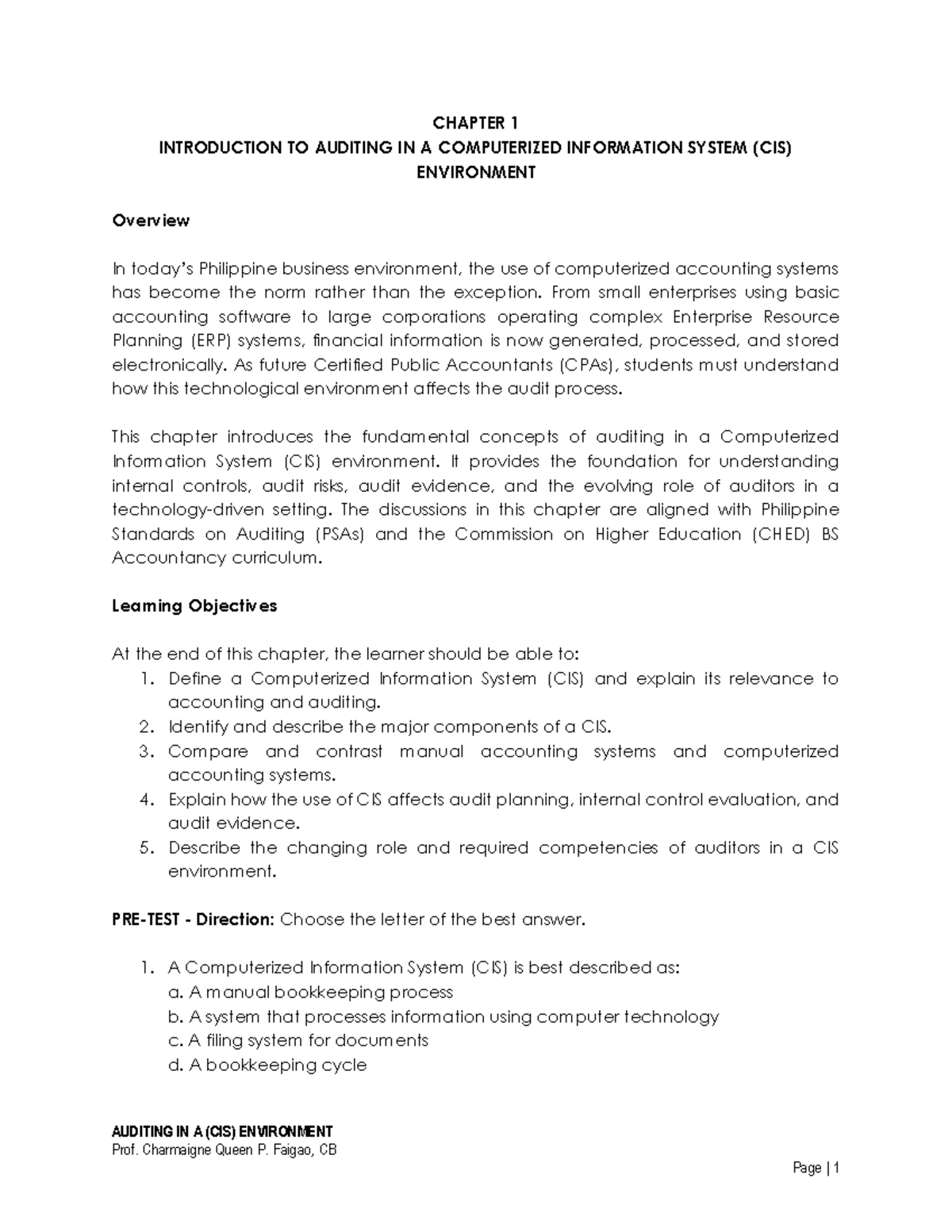 CHAPTER 1: AUDITING IN A COMPUTERIZED INFORMATION SYSTEM (CIS ...