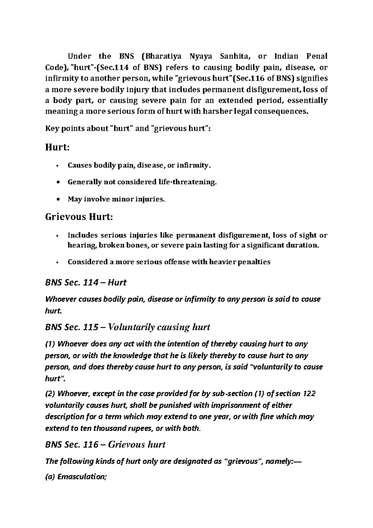 BNS Hurt and Grievous Hurt Overview - Key Sections Explained - Studocu