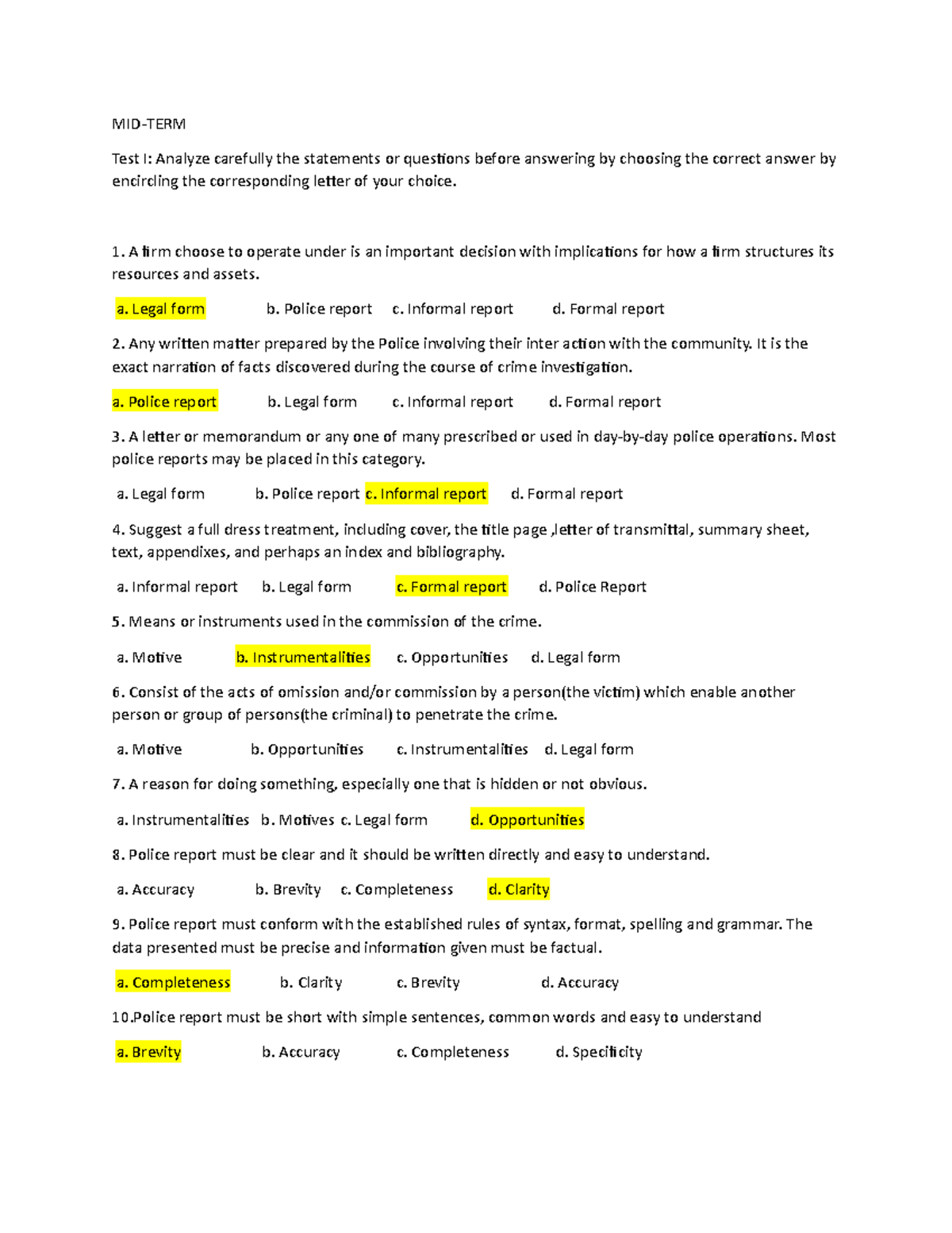 CDI 101 - Mid-Term Exam Questions & Answers on Police Reports - Studocu