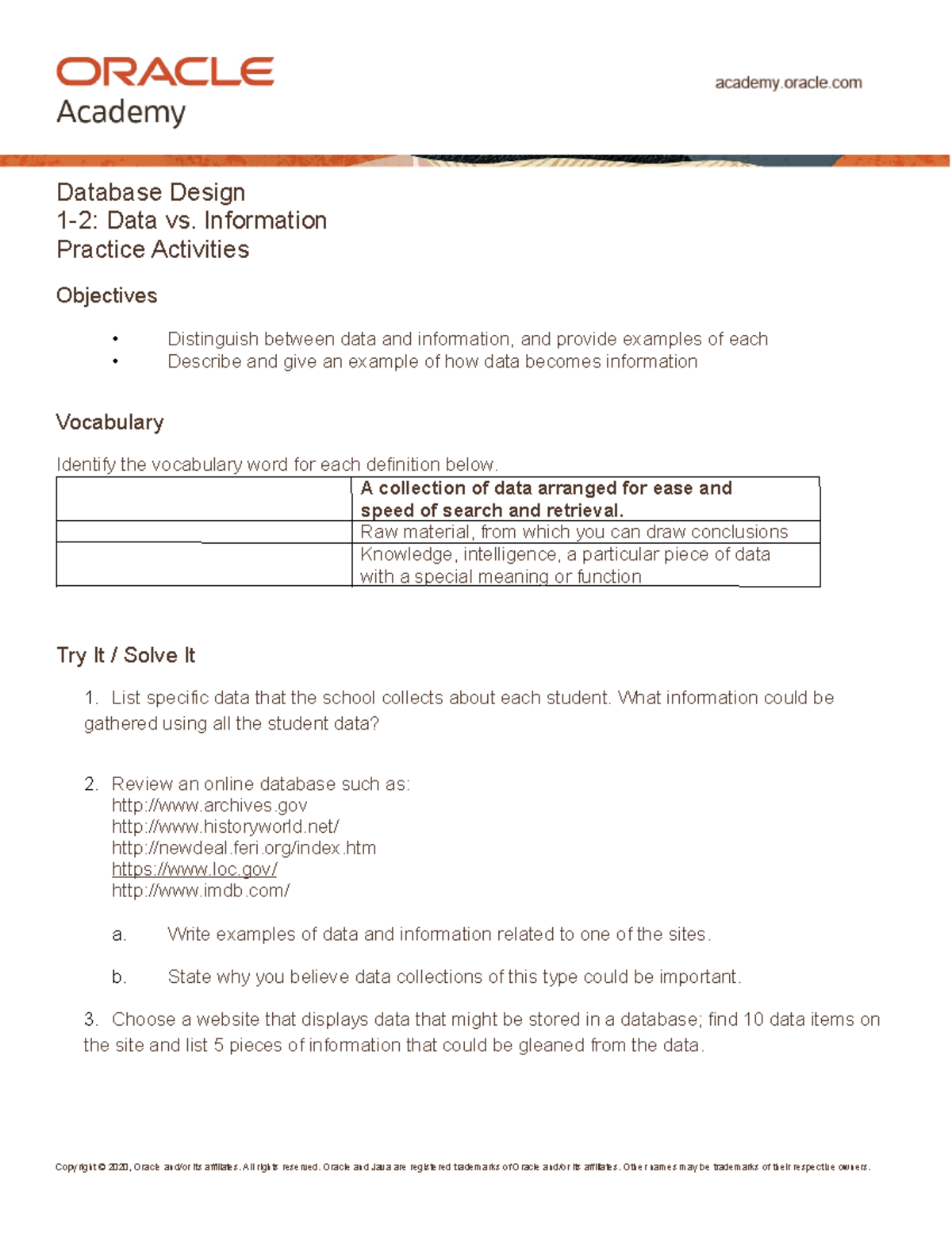 DD 1-2 Practice: Understanding Data and Information in Databases - Studocu